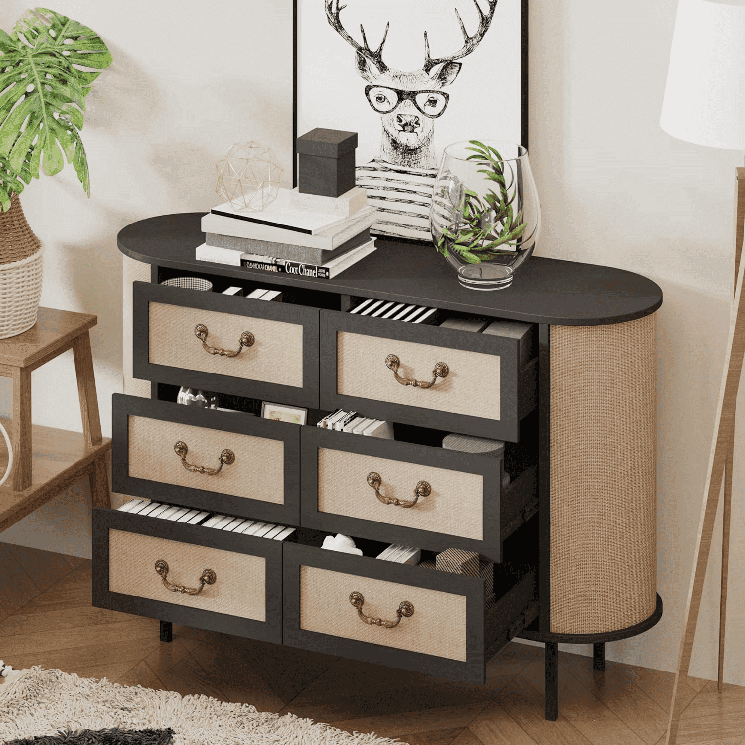 MIYZEAL Rattan 6 Drawer Dresser for Bedroom,47.2" Curved Wooden Chest ...