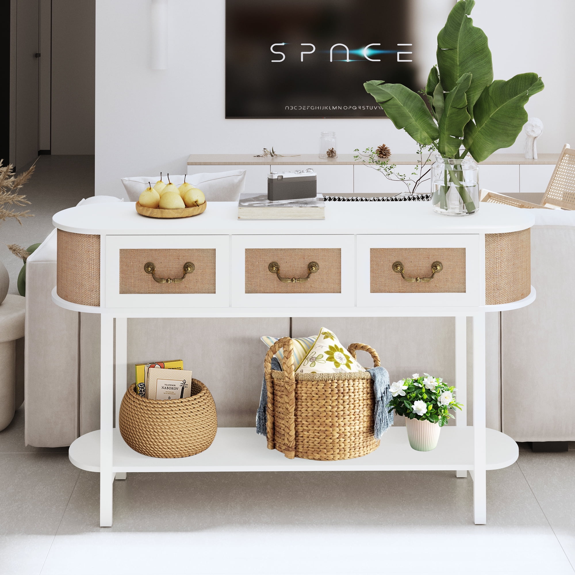 LEVNARY Rattan Entryway Table with Storage, White Narrow Oval Console Table with Drawers, 53.6 ...