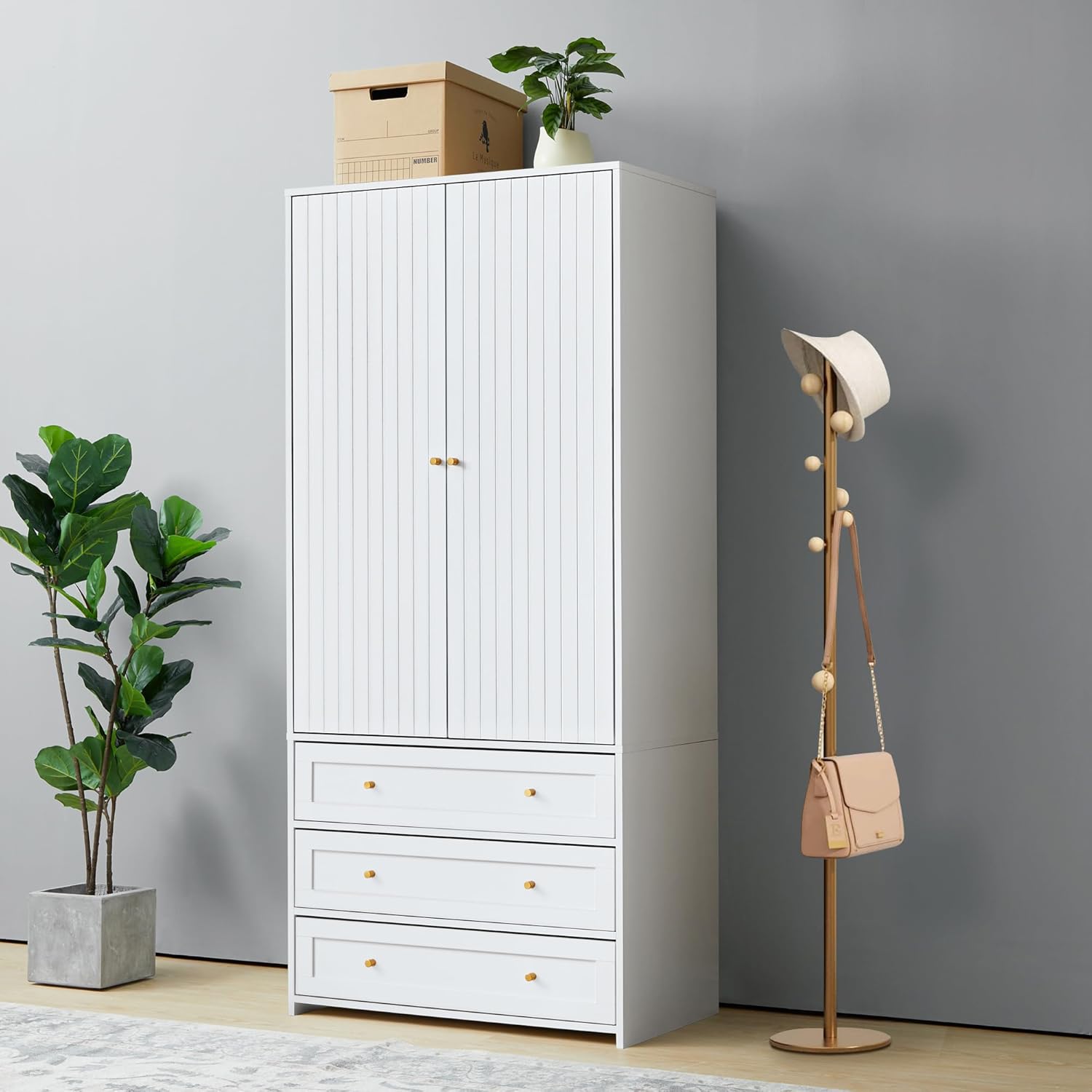 LEVNARY Wardrobe Armoire Closet, 2-Door Wardrobe Cabinet with 3-Drawer ...