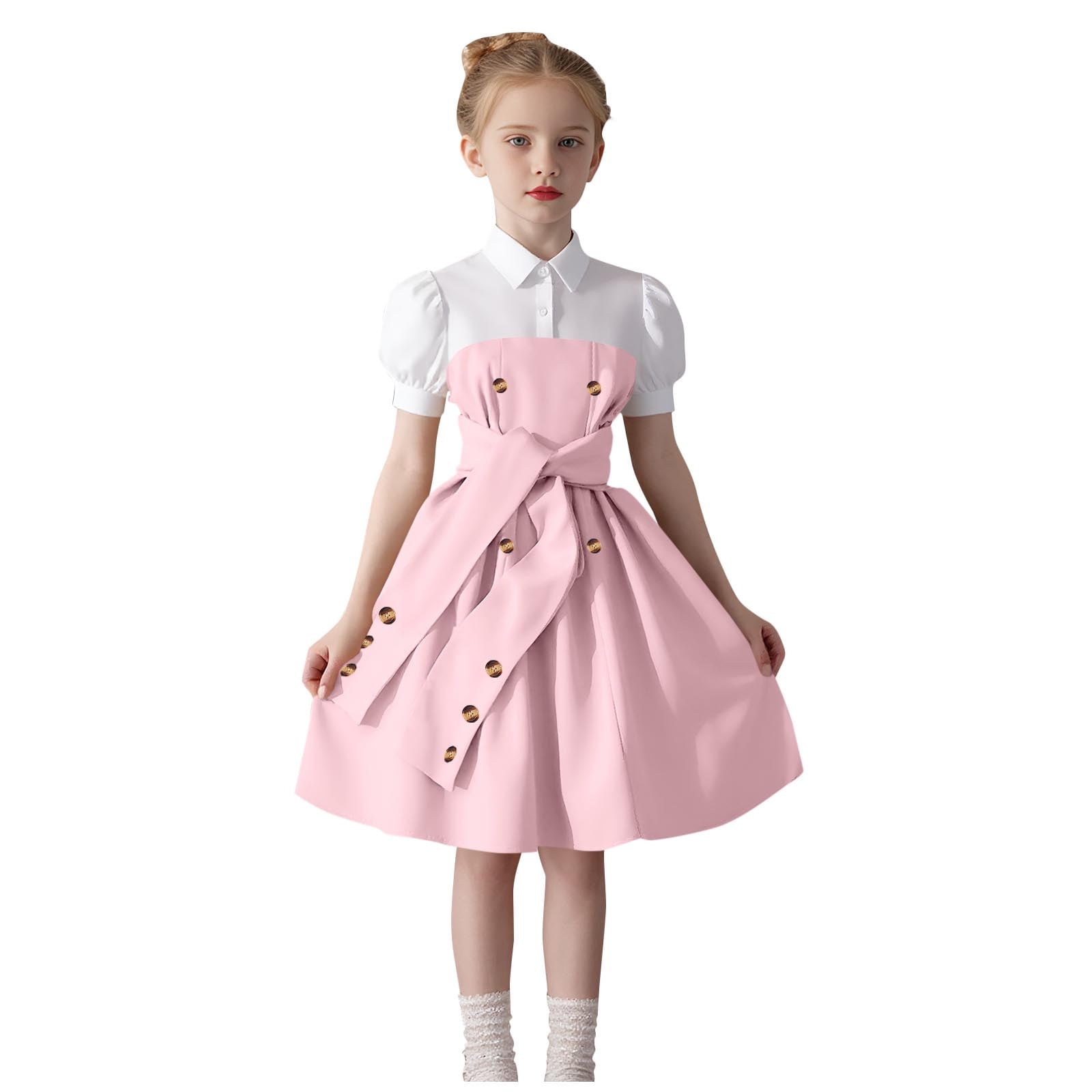 LEWKW Big Girl's Color Block Shirt Dress Puff Sleeve Button Decor Sash ...