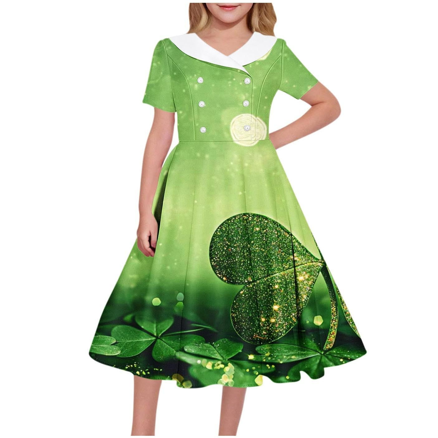 LEWKW Big Girls Shamrock Print Dress Short Sleeve Sailor Collar Double ...