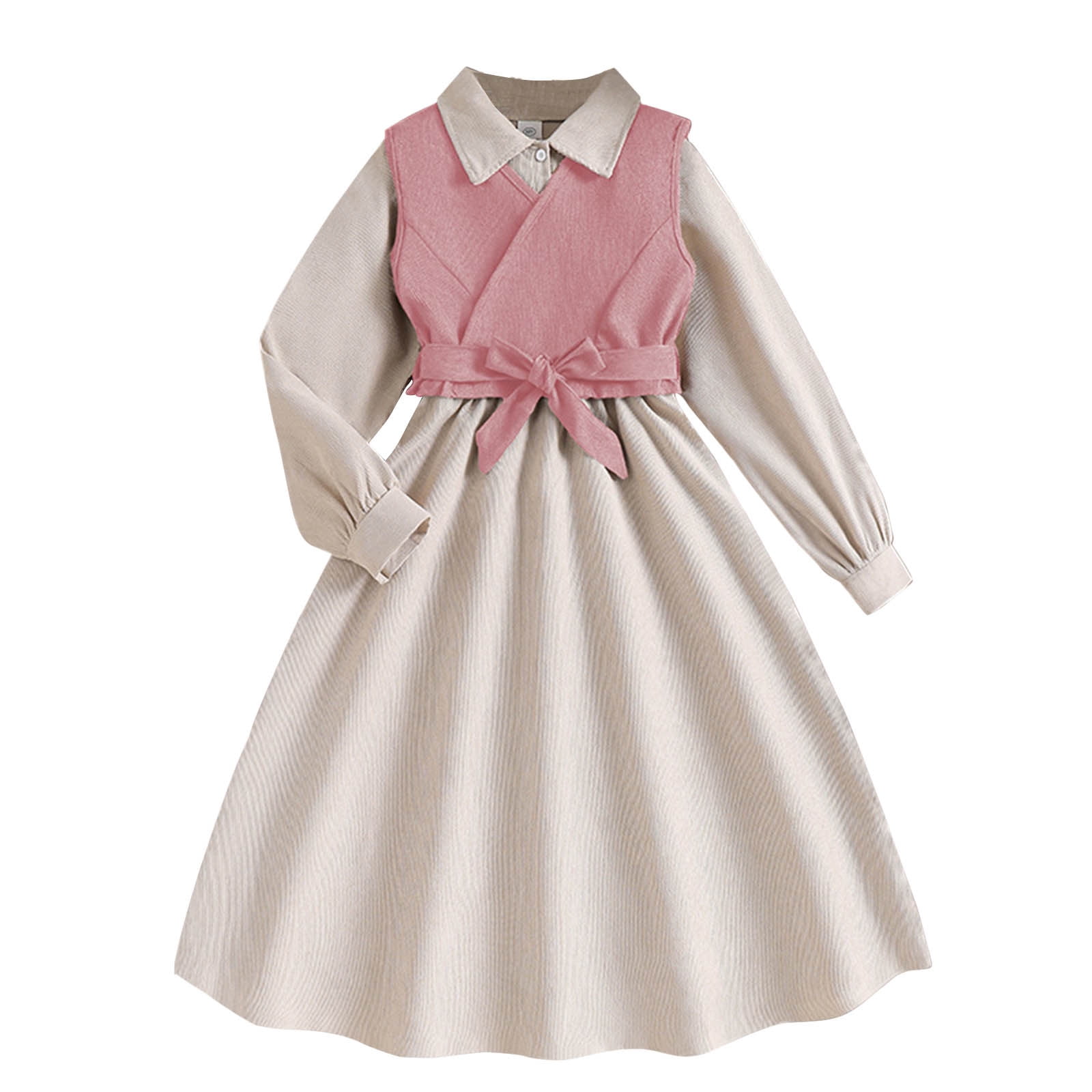 LEWKW Fake Two Piece Shirt Dress for Girls Vest Overlay Long Sleeve ...