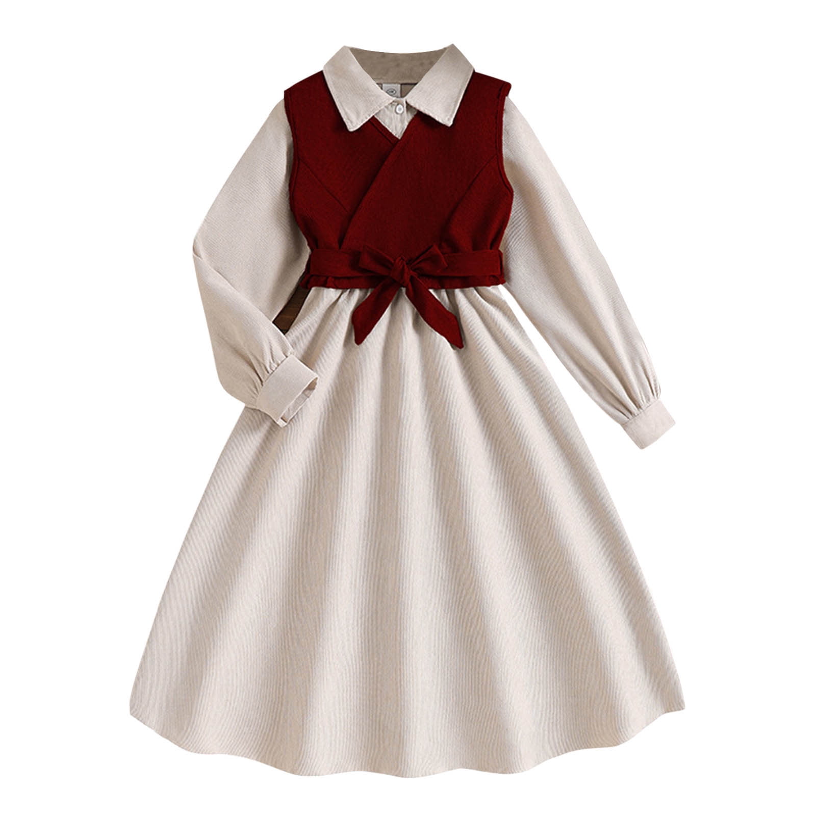 LEWKW Fake Two Piece Shirt Dress for Girls Vest Overlay Long Sleeve ...