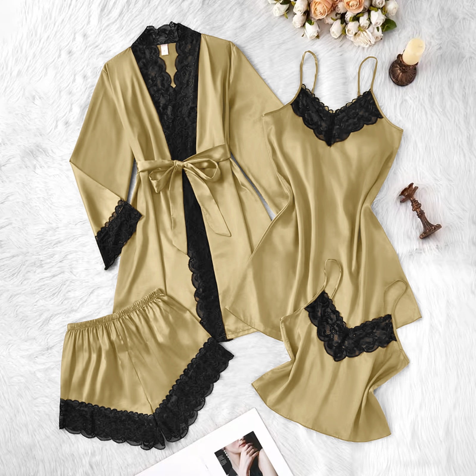LEWKW Women's 4 Piece Pajama Set Satin Nightgown Cami Top with Shorts ...