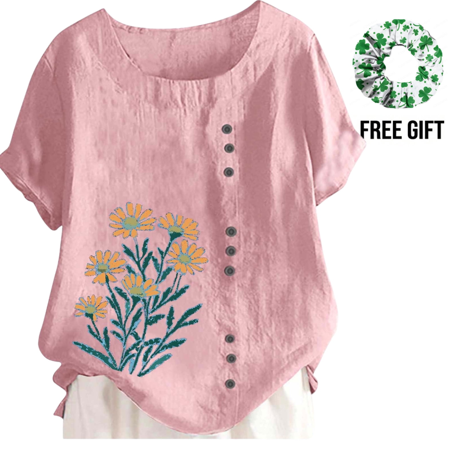 LEWKW Womens Linen Shirts Daisy Graphic Round Neck Summer Tops Short ...