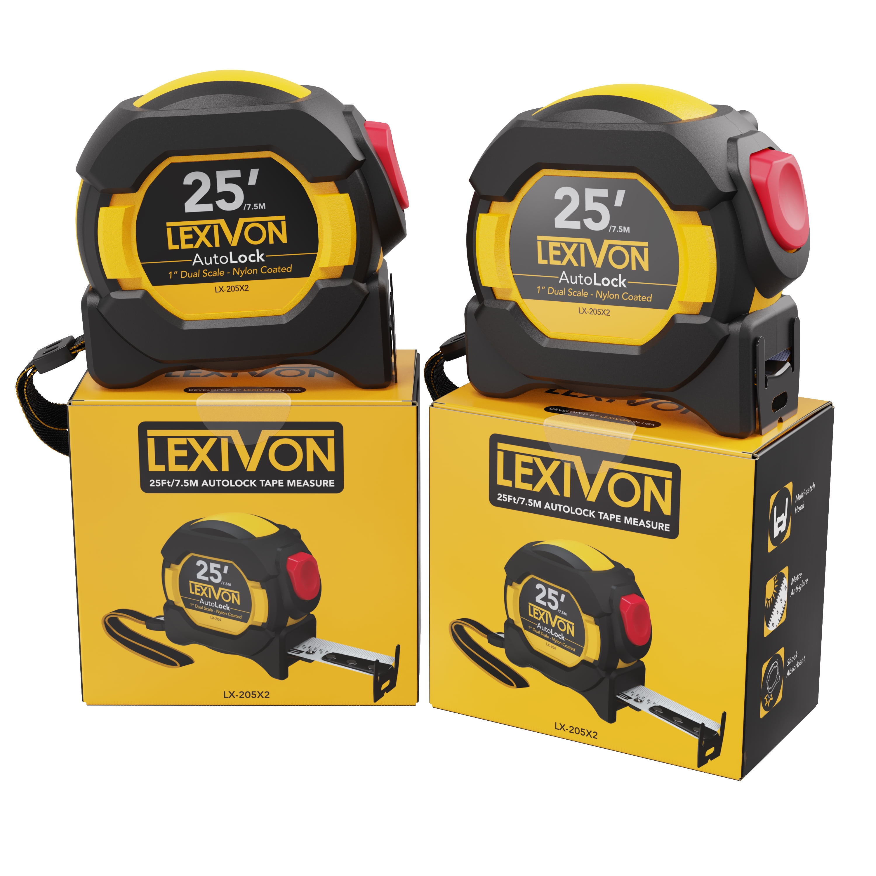 LEXIVON [2-Pack] 25Ft/7.5m AutoLock Tape Measure | 1-Inch Wide Blade ...