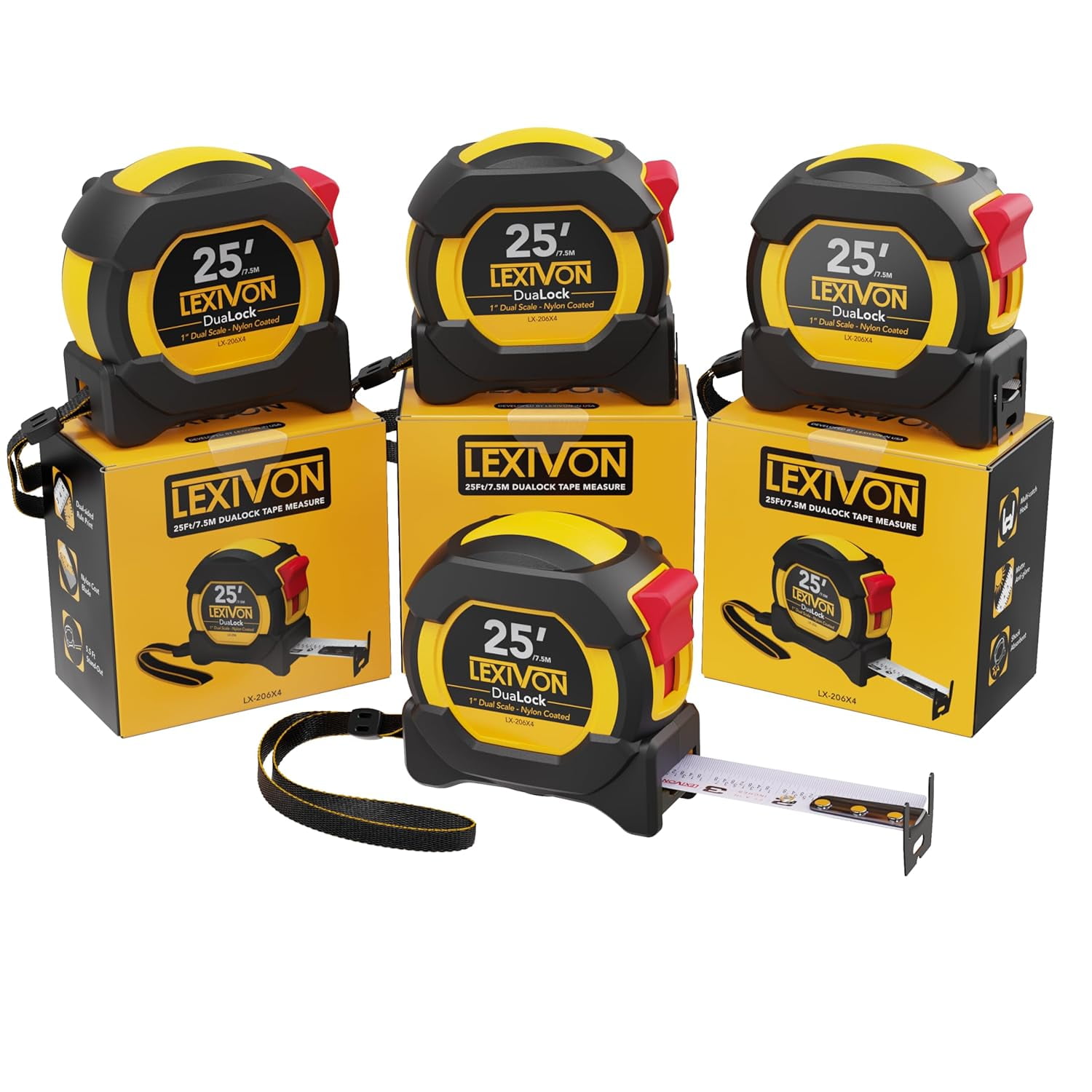 LEXIVON [4-Pack] 25Ft/7.5m DuaLock Tape Measure | 1-Inch Wide Blade ...