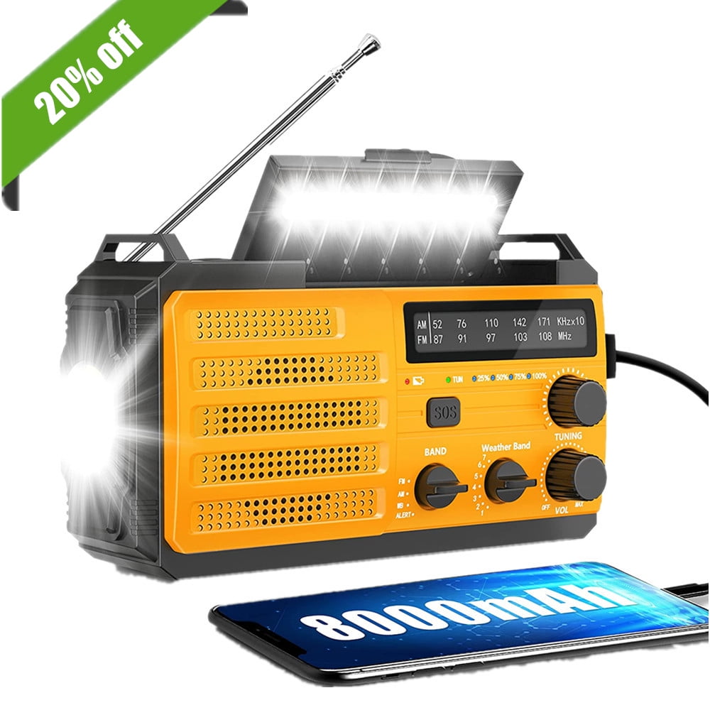 LEXKUYI Portable Emergency Weather Radio, Solar, 8000mAh, Hand Crank ...
