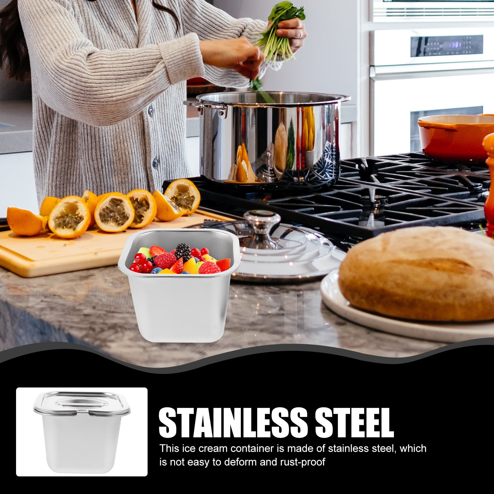 RENACLIPY Reusable Storage Keeper Ice Cream Container Stainless Steel ...