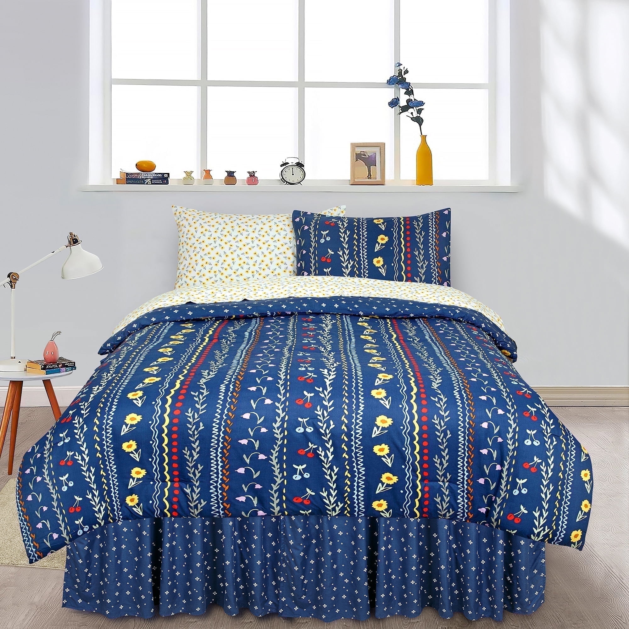 SCAD Piece by Piece 7-Piece Bedding Set, Floral Stripe - Navy Multi ...