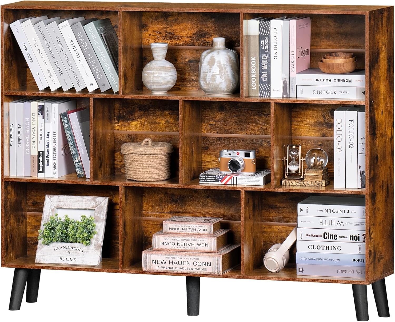 LEYAOYAO 10 Cube Bookshelf, 3 Tier Vintage 55.12" Wide Bookcase with ...