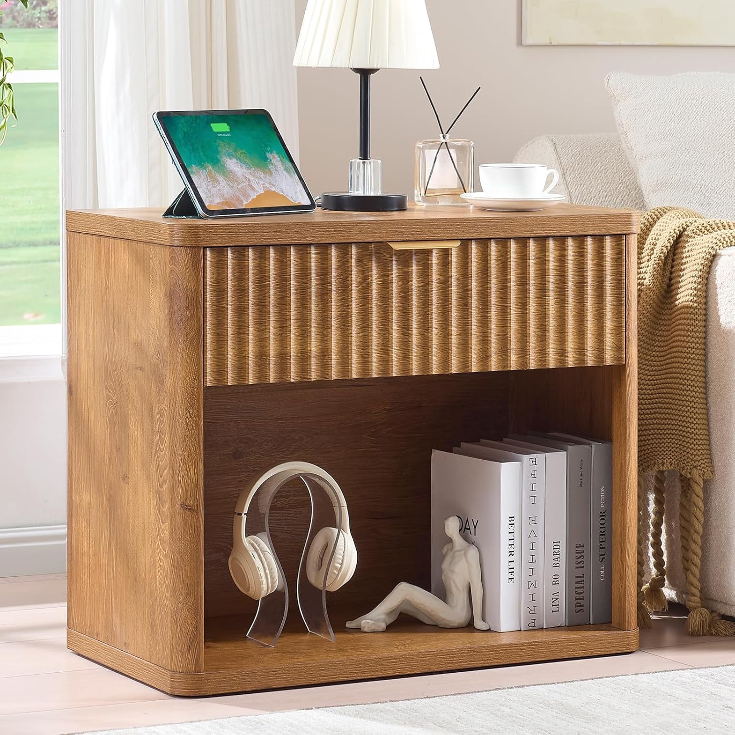 LEYAOYAO 31" Wide Fluted Nightstand with Charging Station, Oversized ...