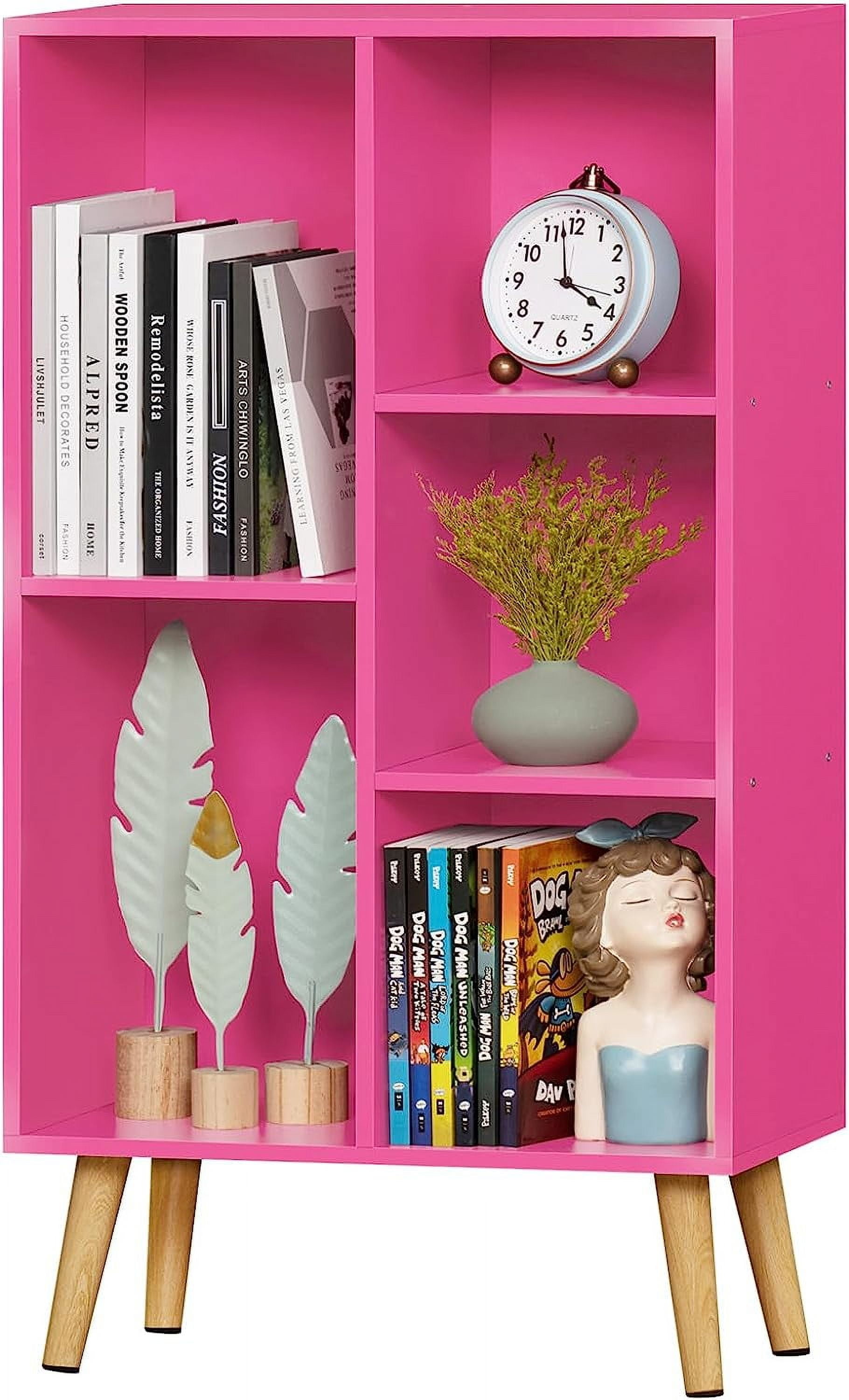 LEYAOYAO 5 Cube Bookshelf, 3-Tier Bookcase with Legs, Pink Kids Book ...