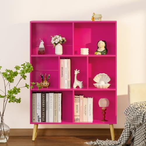 LEYAOYAO 7 Cube Bookshelf,3 Tier Book Shelf with Legs,Pink Modern ...