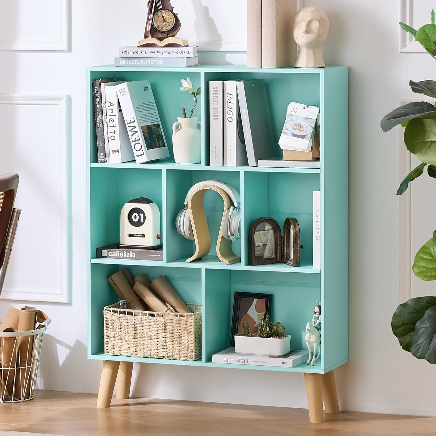 LEYAOYAO 7 Cube Bookshelf 3-Tier Bookcase with Legs, Mint-Green Kids ...