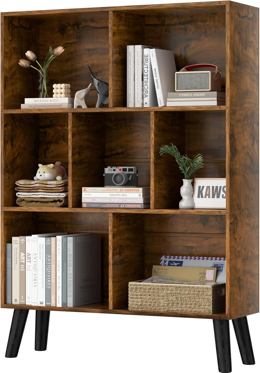 LEYAOYAO 7 Cube Bookshelf, 3 Tier Modern Bookcase with Legs, Mid ...