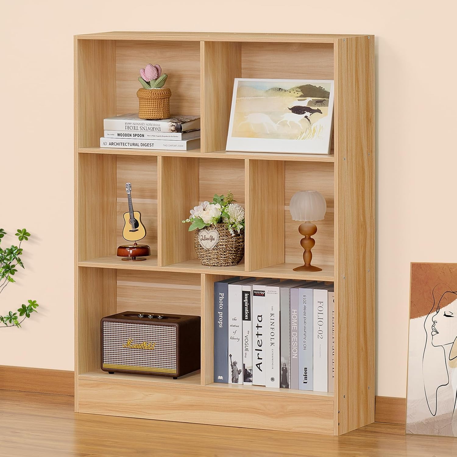 LEYAOYAO 7 Cube Bookshelf with Wood Base,Natural 3 Tier Mid-Century ...