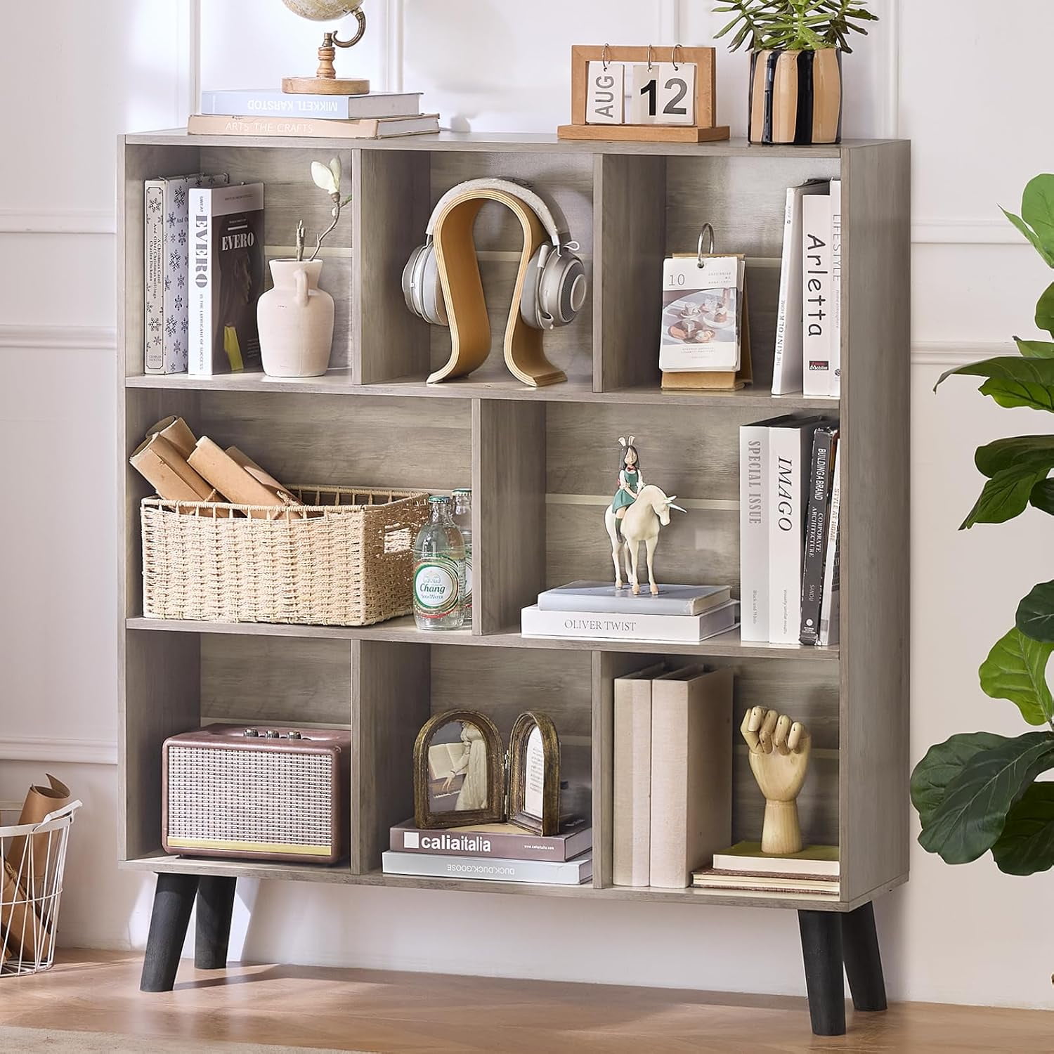 LEYAOYAO 8 Cube Bookshelf,3 Tier Bookcase with Legs,Modern Grey Mid ...