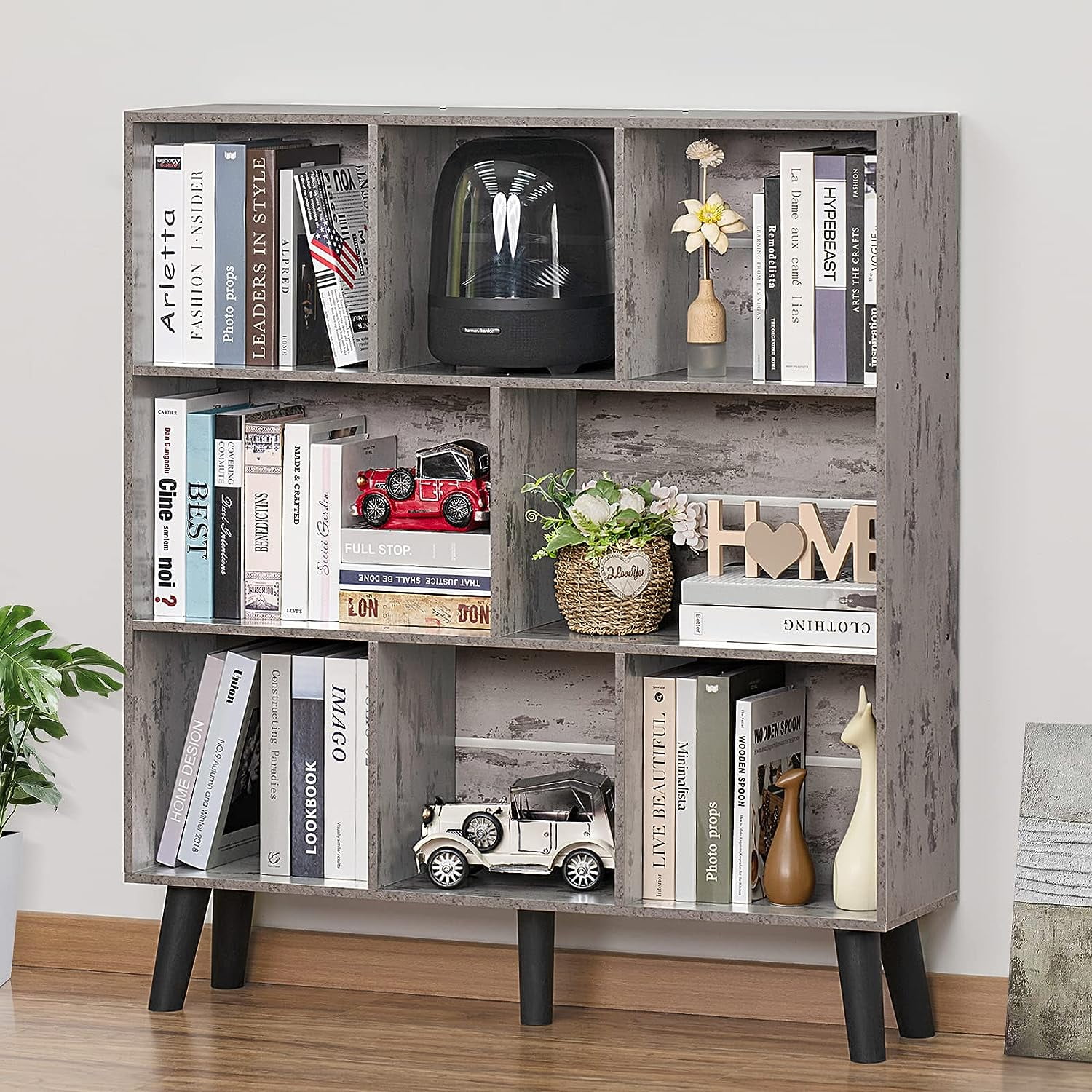 LEYAOYAO 8 Cube Bookshelf,3 Tier Bookcase with Legs,Modern Grey Mid ...