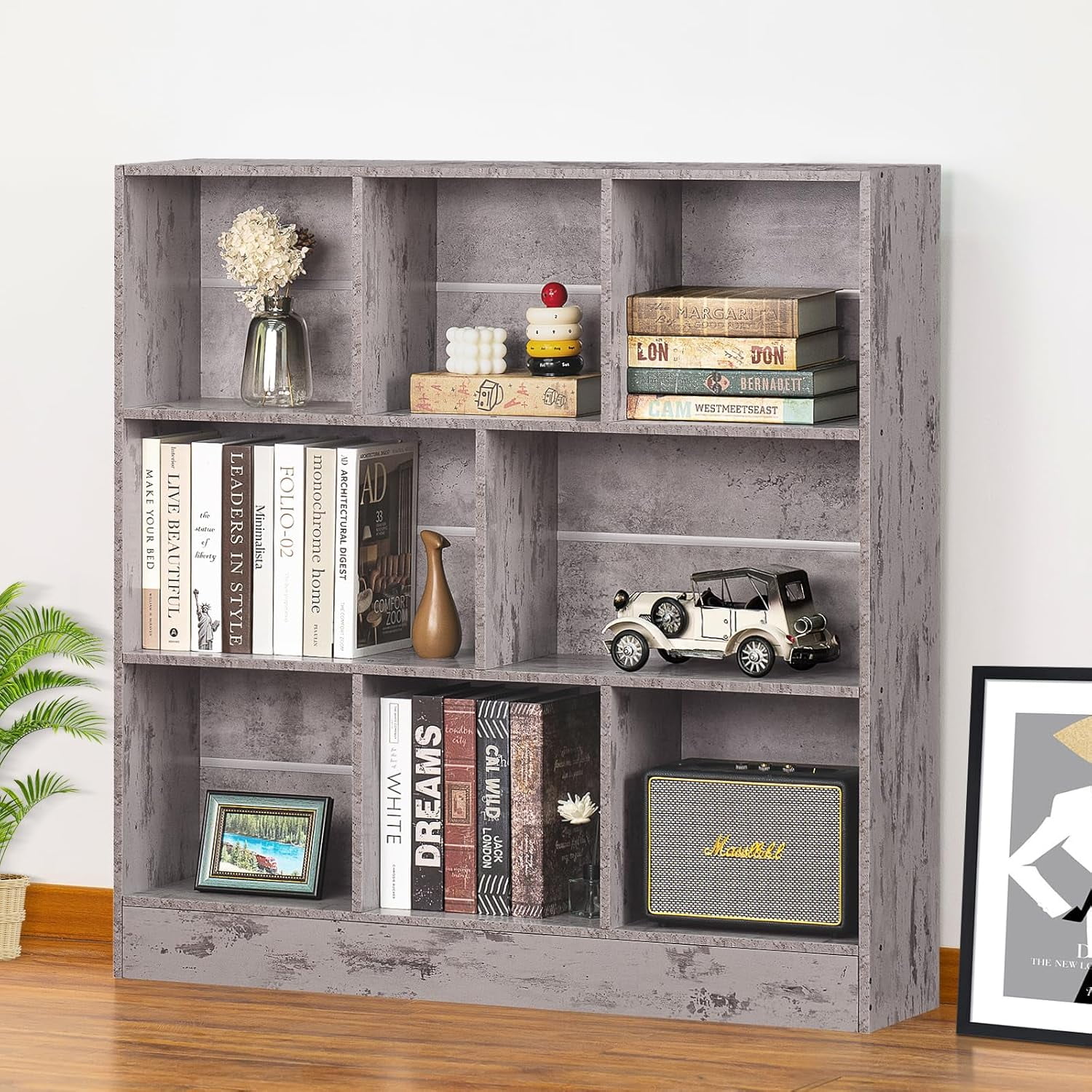 LEYAOYAO 8 Cube Bookshelf with Base,3 Tier Mid-Century Modern Grey ...