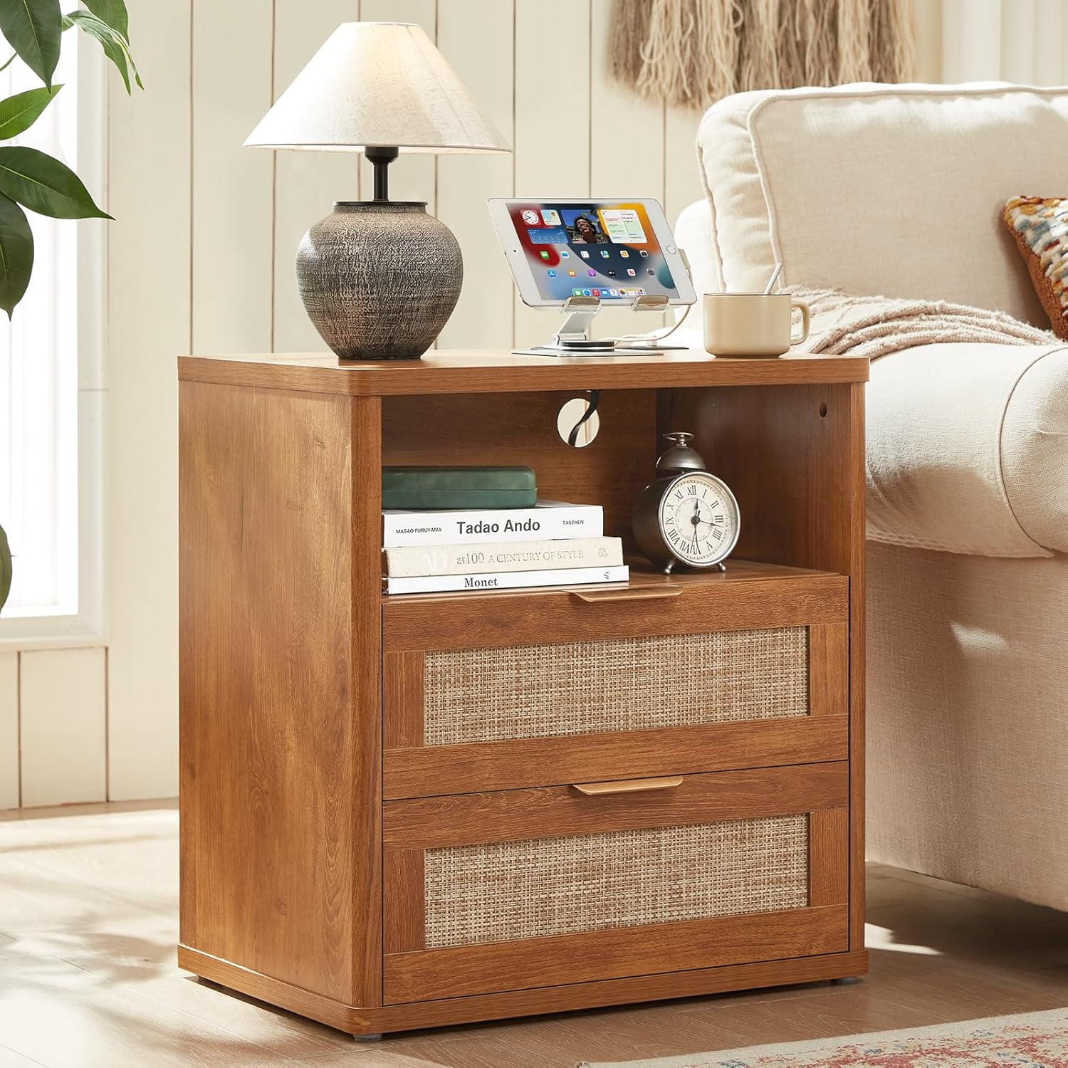 LEYAOYAO Rattan Night Stand with Drawers, Boho Nightstand, Natural Wood ...