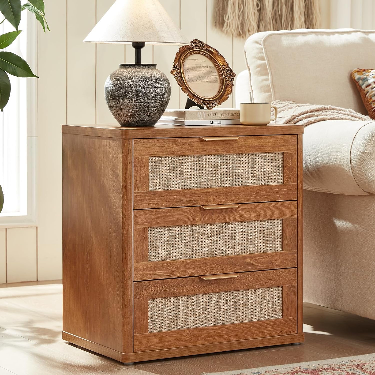 LEYAOYAO Rattan Night Stand with Drawers, Large 3 Drawer Boho ...