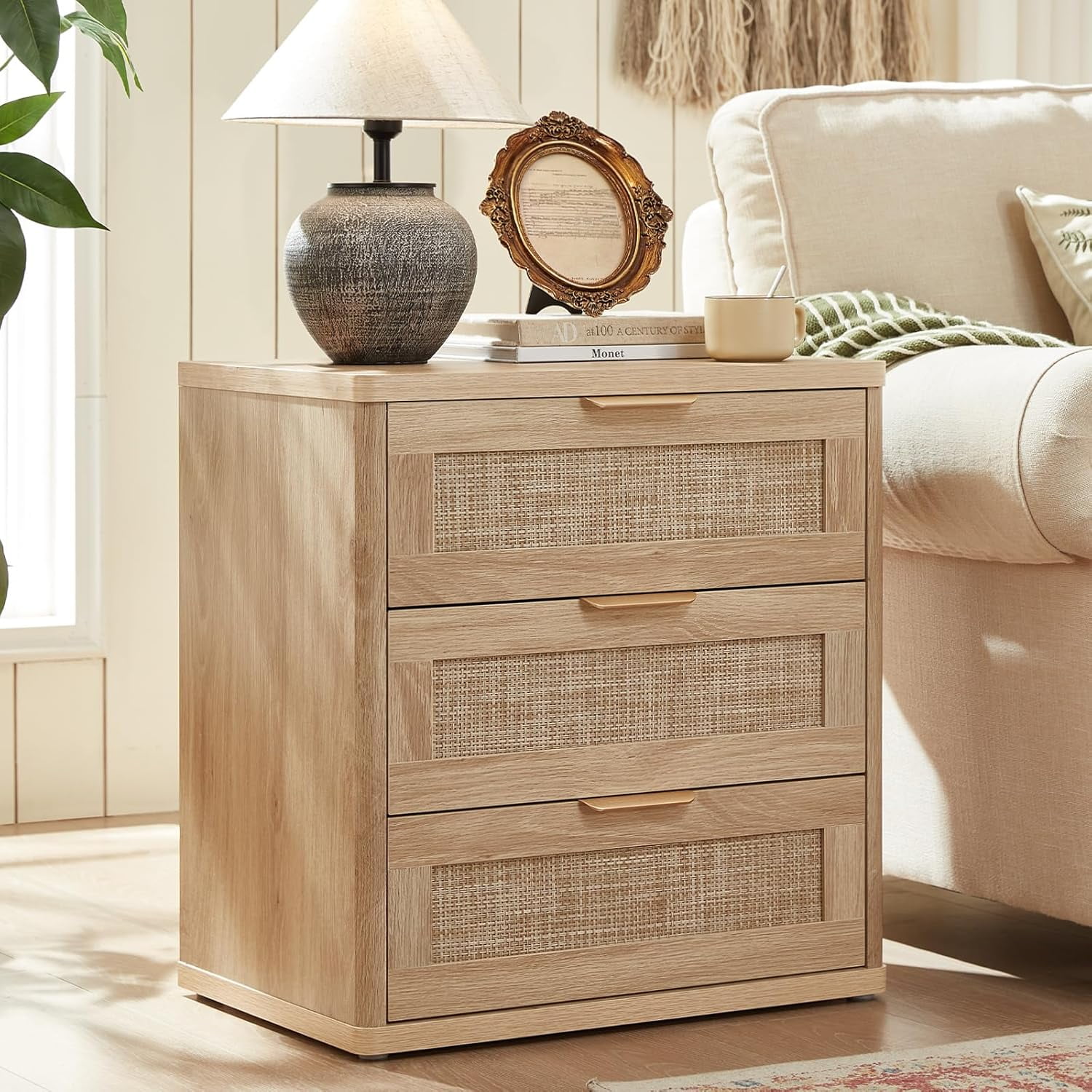 LEYAOYAO Rattan Night Stand with Drawers, Large 3 Drawer Boho ...