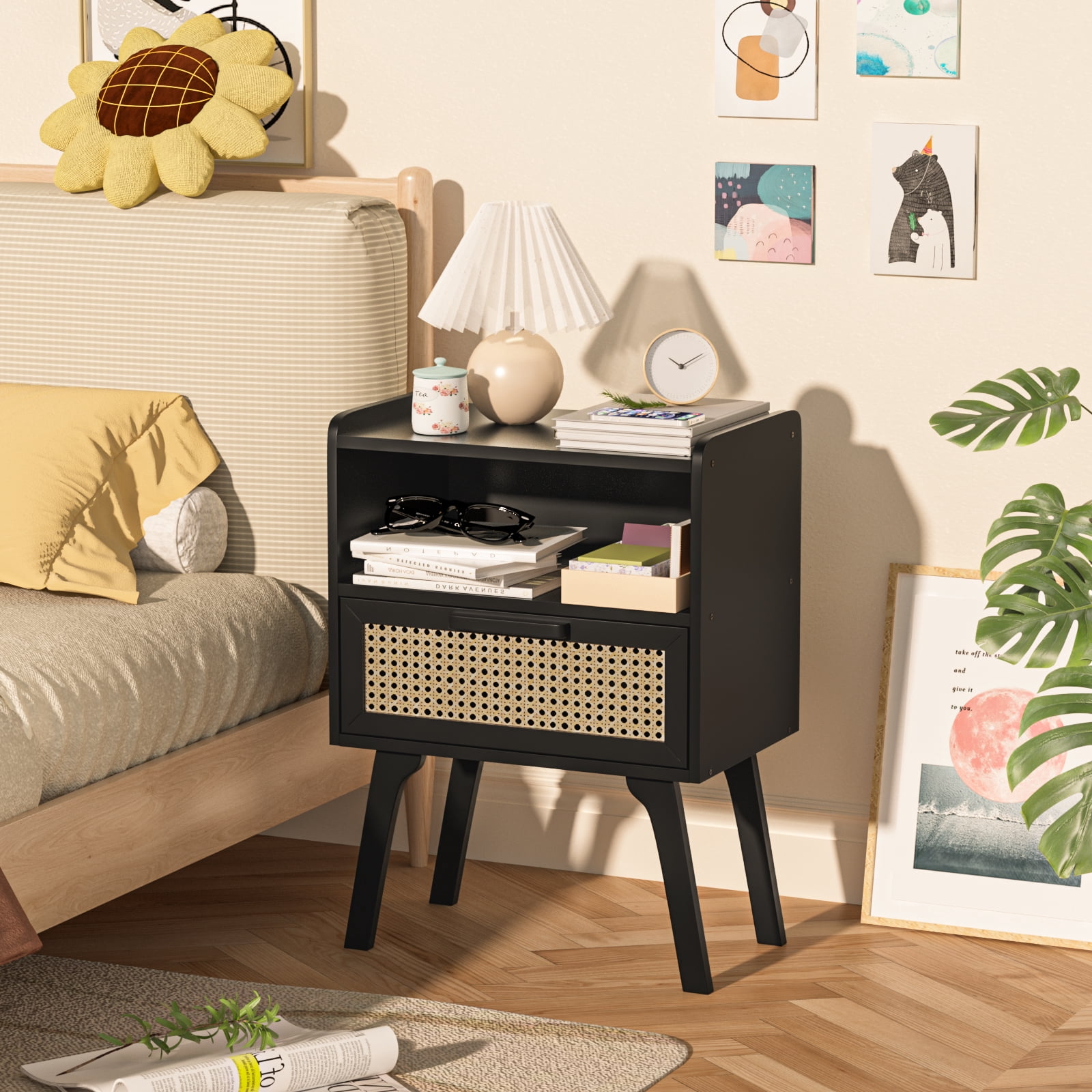 LEYAOYAO Rattan Nightstand, Modern Wicker Bedside Table with 1 Drawer ...