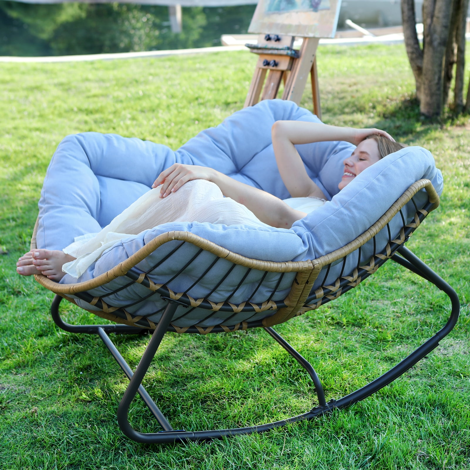 LEYCAY Outdoor Rocking Chair, Wicker Lounge Rocking Chair, Indoor ...