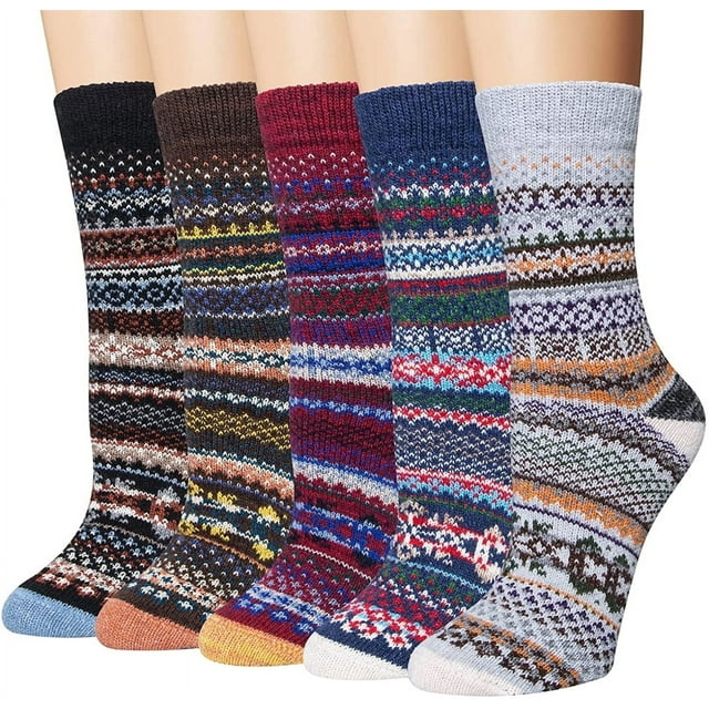 LEZMORE 5 Pairs Wool Socks for Women Gifts Winter Warm Thick Knit Cabin ...