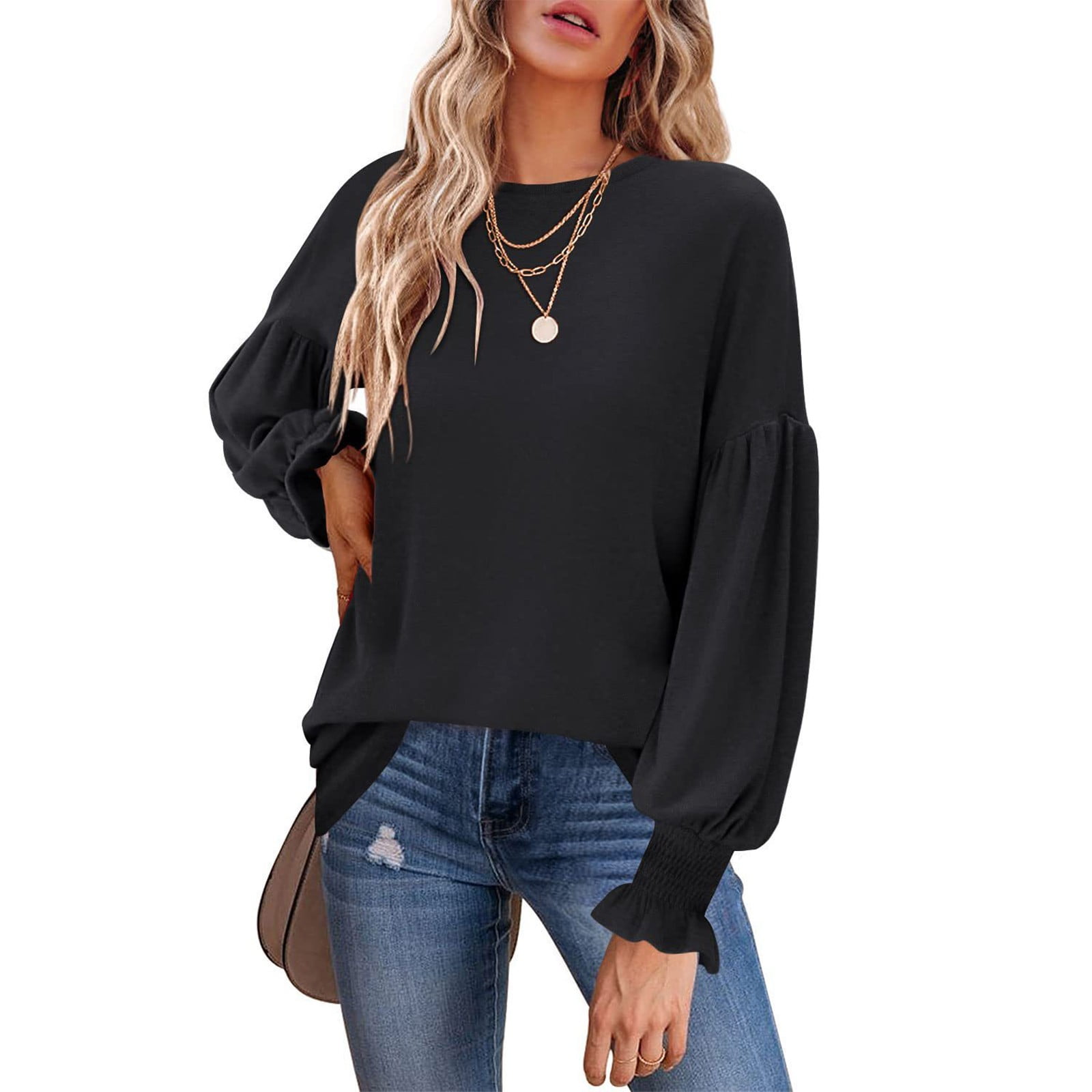 LEZMORE Blouse for Women Fashion Round Neck Lantern Sleeves Top S-XXL ...