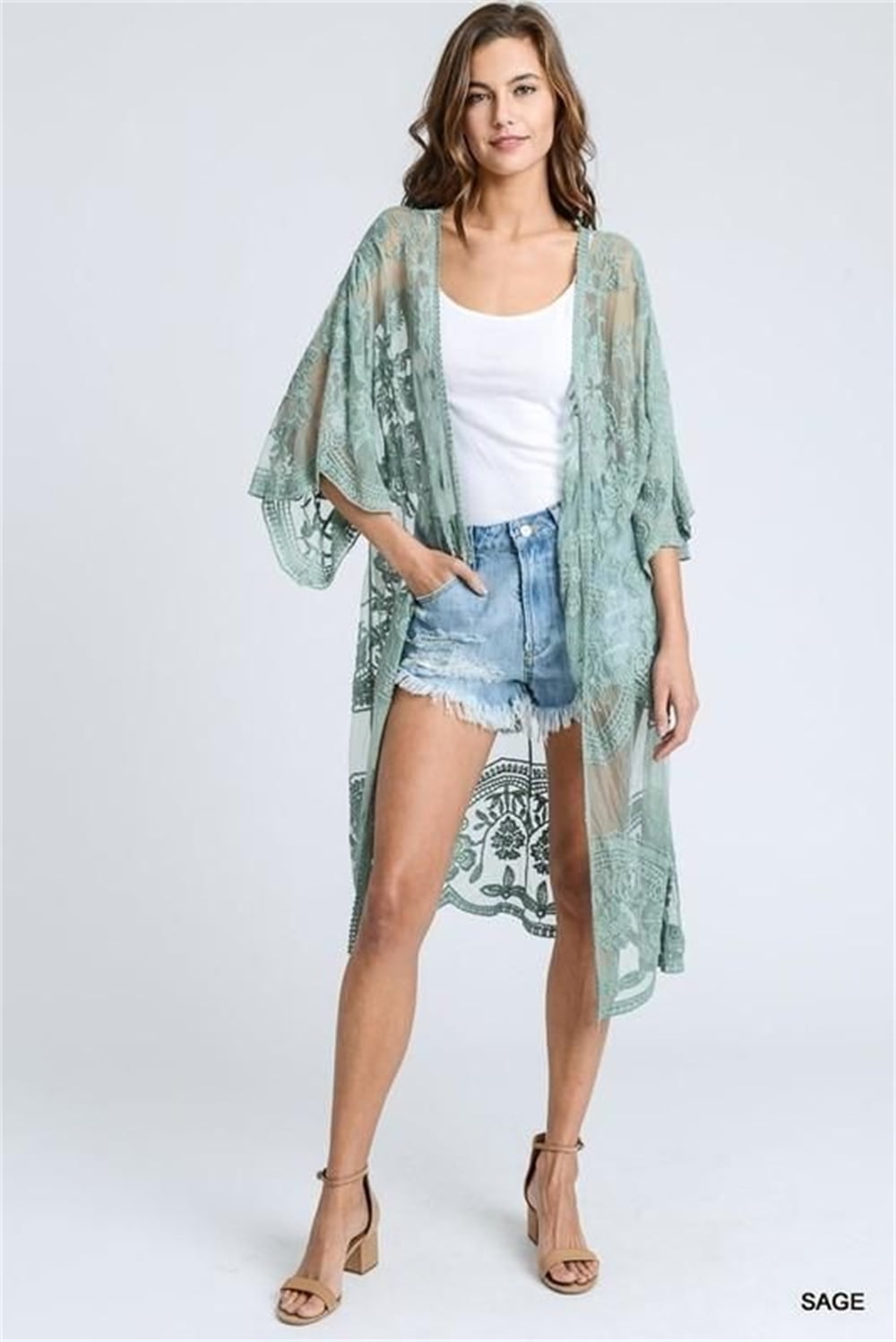 LEZMORE Women Swimsuit Cover up Mesh Lace Kimono Cardigan Open Front ...