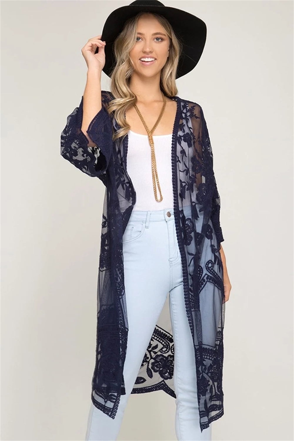 LEZMORE Women Swimsuit Cover up Mesh Lace Kimono Cardigan Open Front ...