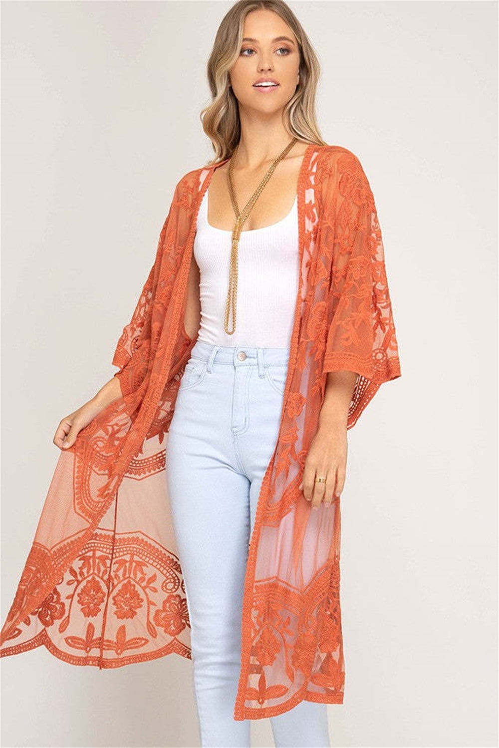 LEZMORE Women Swimsuit Cover up Mesh Lace Kimono Cardigan Open Front ...