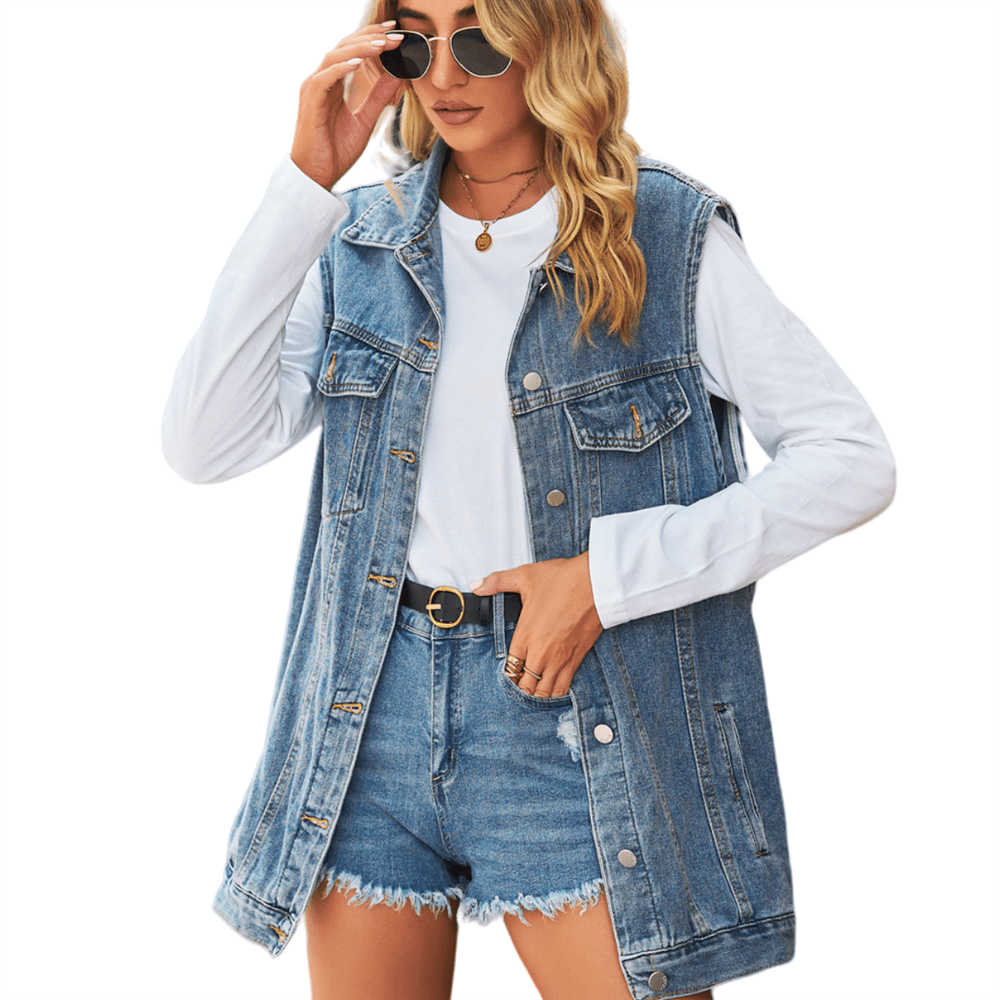 LEZMORE Women's Oversized Denim Vest Mid Long Jean Vest Sleeveless ...