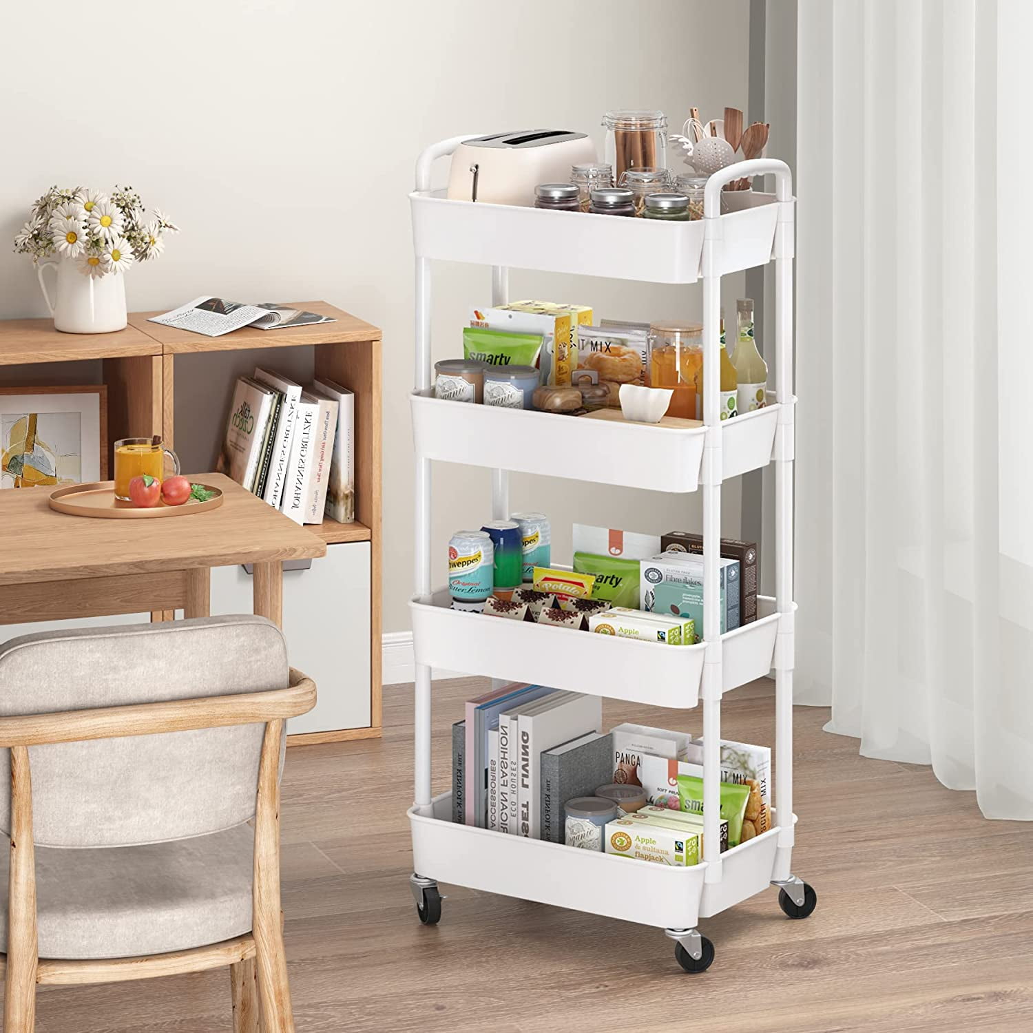 LEZZYRUCK 4-Tier Utility Cart with Lockable Wheels, Storage Shelves & 3 ...