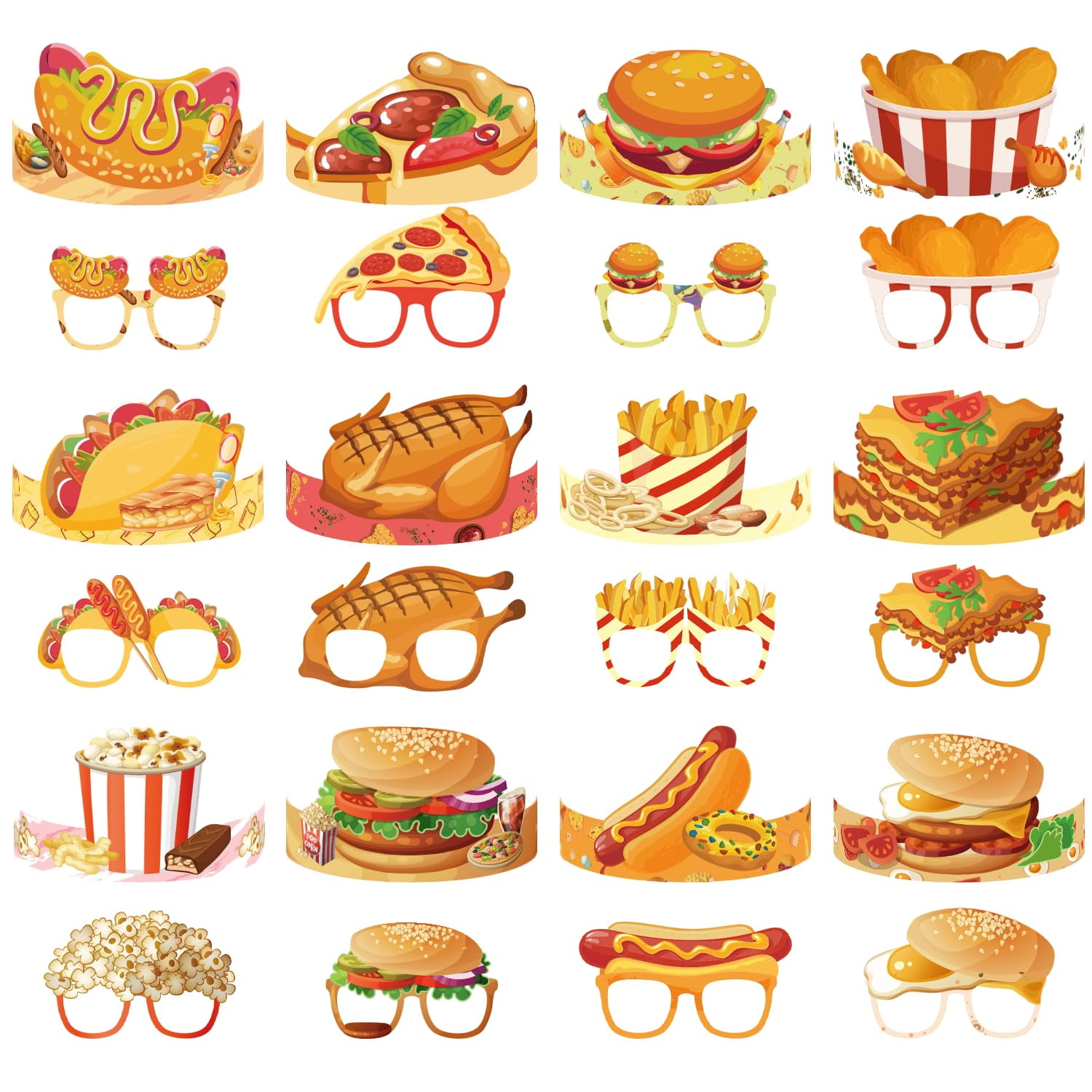 LFCFDX Fast Food PriNst Paper Hats, Glasses, and Ropes (48 Pcs ...