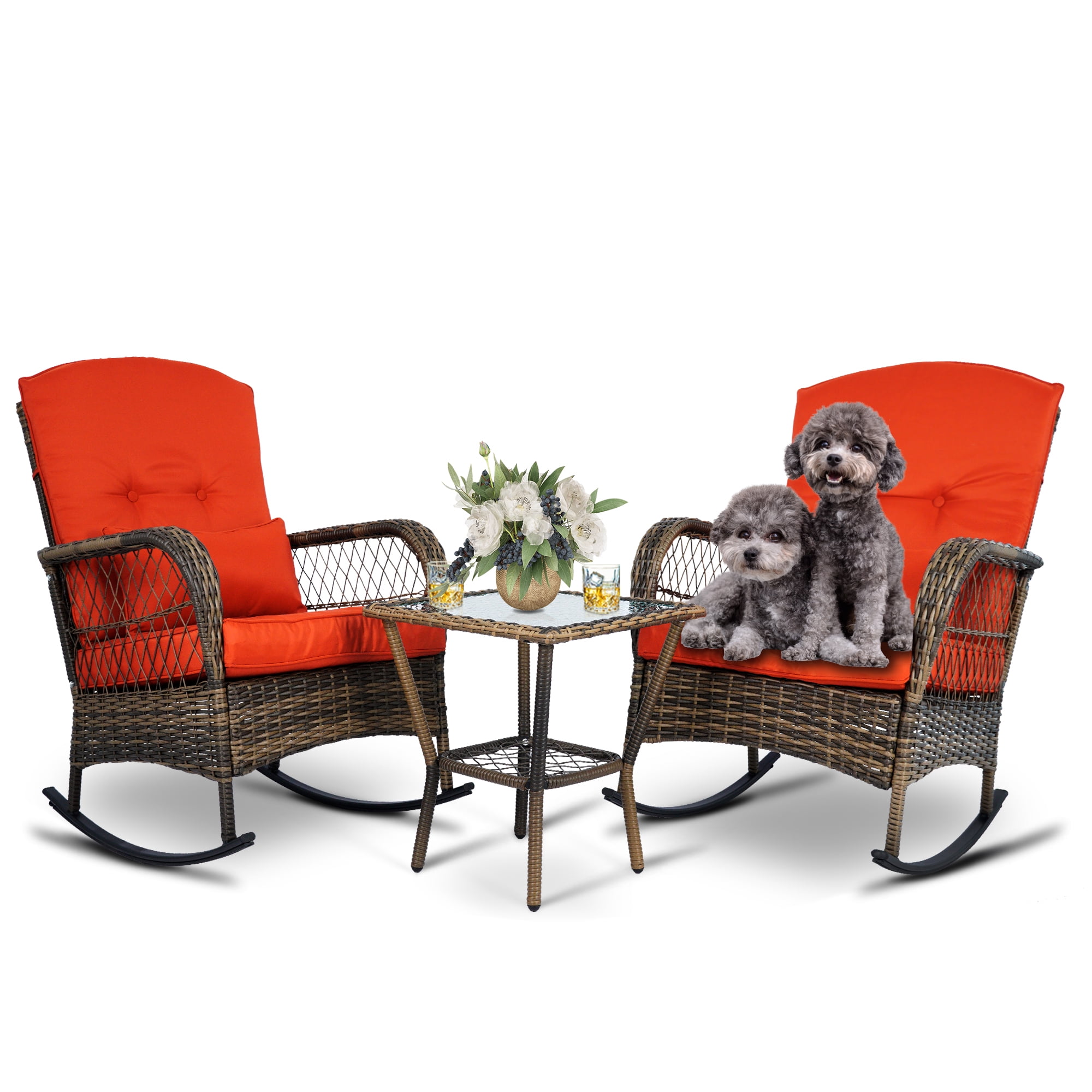 LFCREATOR 3-Piece Outdoor Rocking Chairs Set of 2, Wicker Patio ...