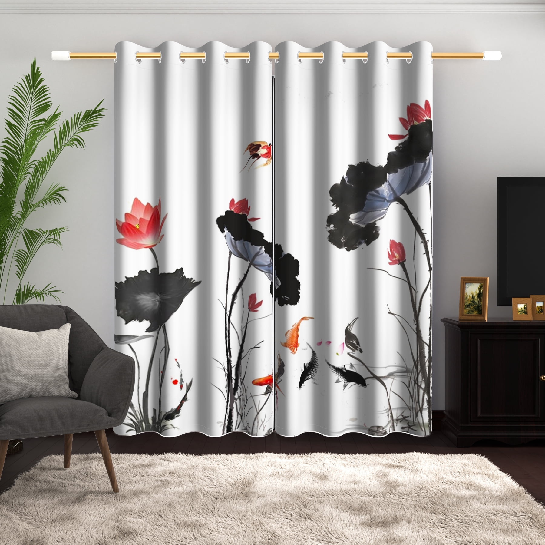 LFEEY Art Modern Blackout Curtains, Ink Lotus Print Curtains, 42x84 ...