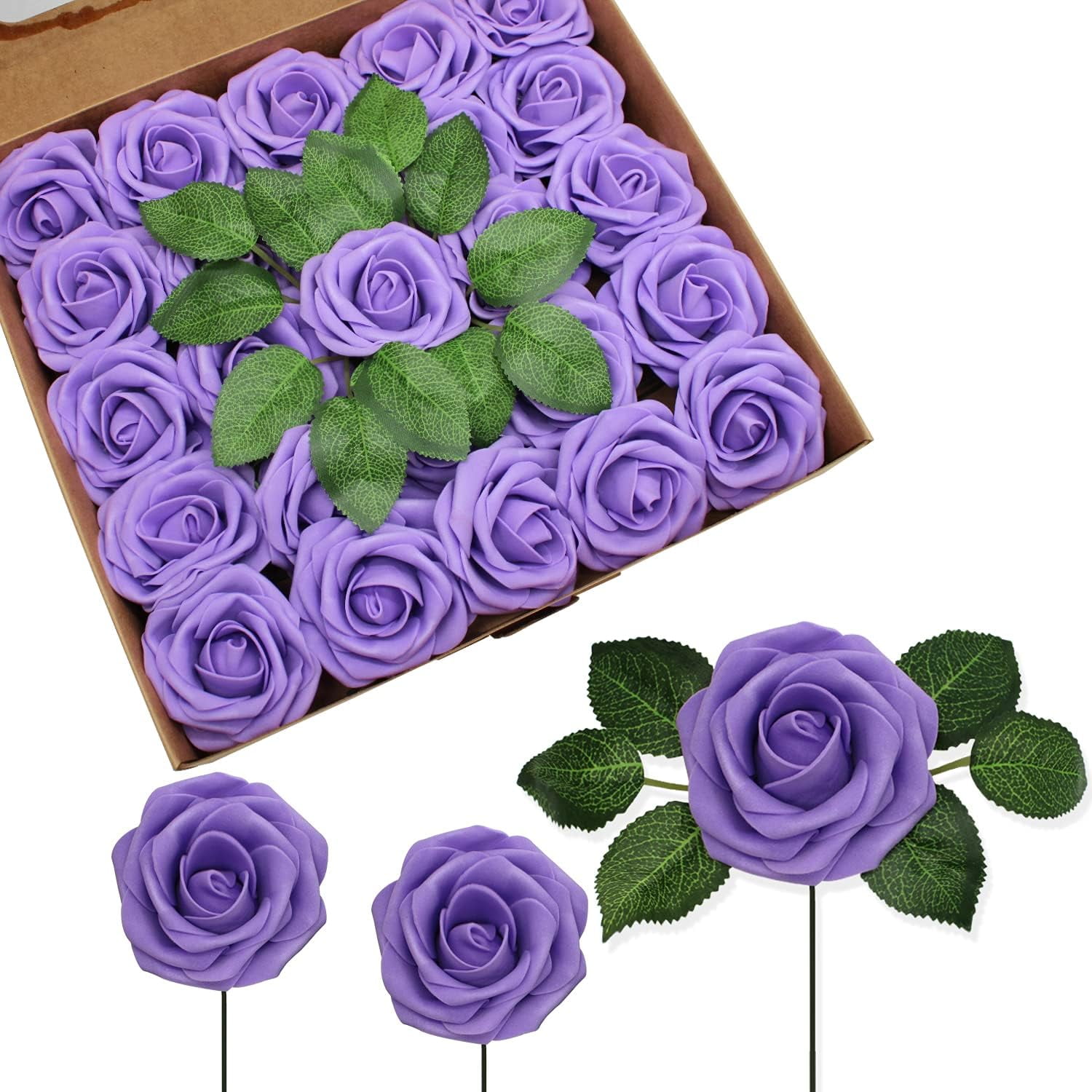 LFF Artificial Flowers Realistic Purple Roses, 25pcs Real Looking Fake ...