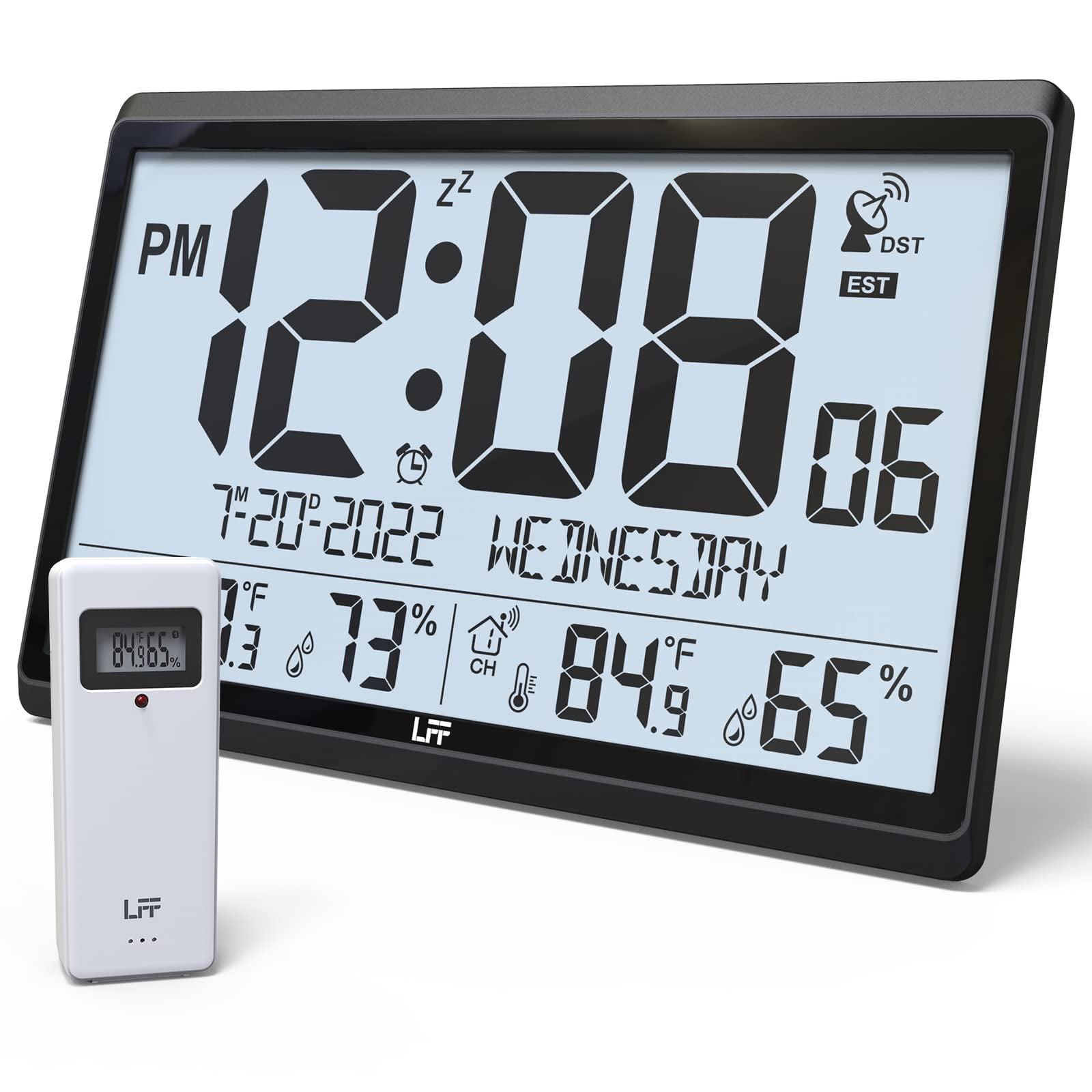 "LFF Atomic Clock - 15"" Wall Clock with Indoor/Outdoor Temp & Humidity ...