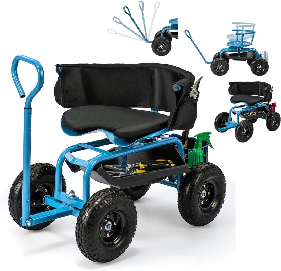 LFLF Rolling Garden Seat with Wheels, Adjustable 360° Swivel Workseat ...