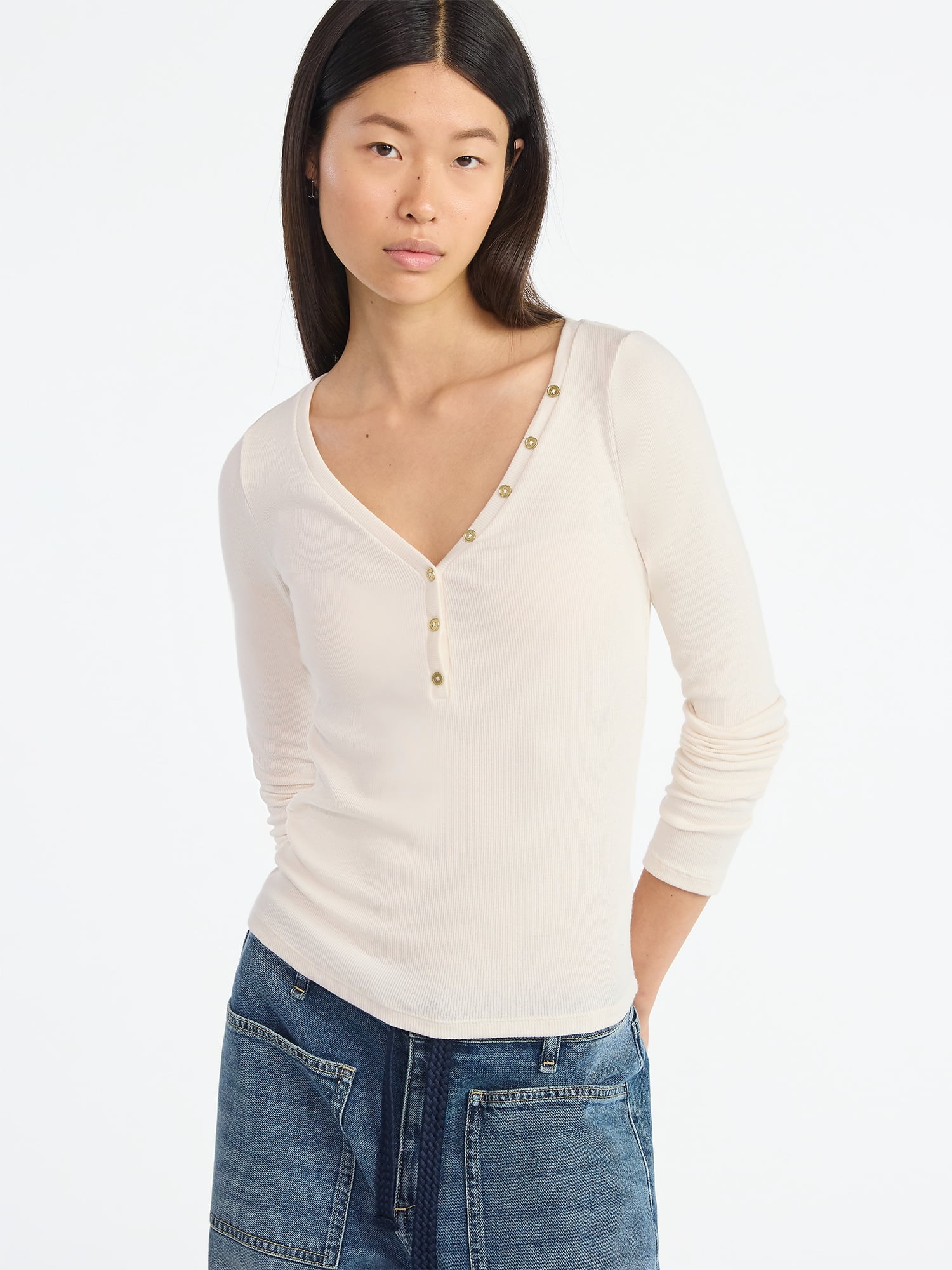 Scoop Women’s Ribbed V Neck Henley Top with Long Sleeves, Sizes XS-XXL ...