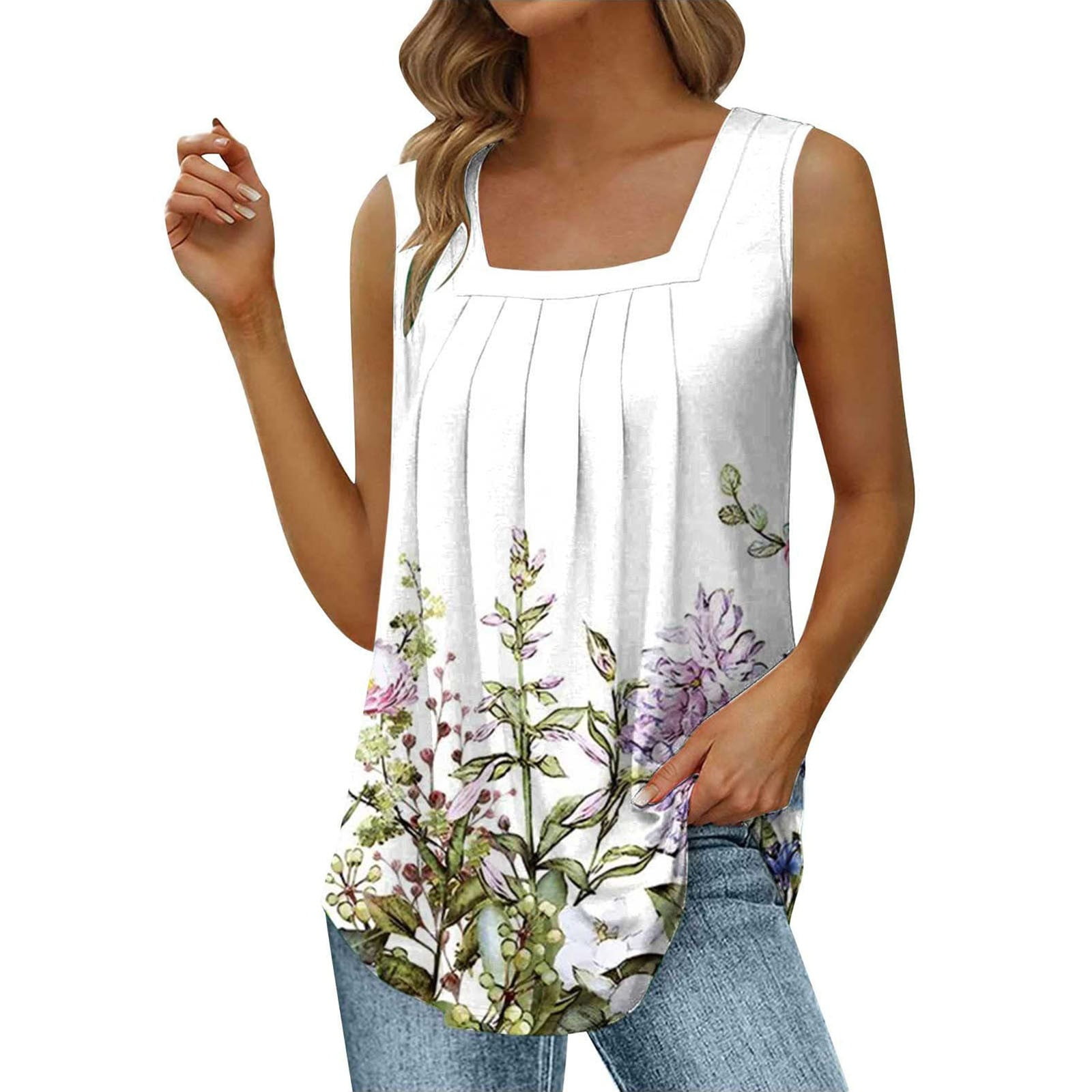 Lgaswyx Casual Tops For Women Summer Vest Loose Pleated Square Neck