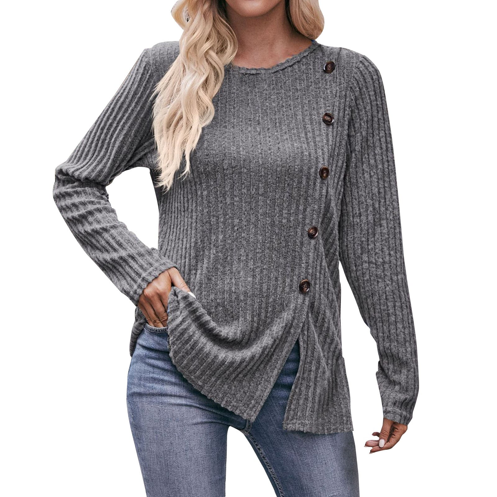 Lgaswyx Tops For Women Trendy Womens Solid Color Crew Neck Strip