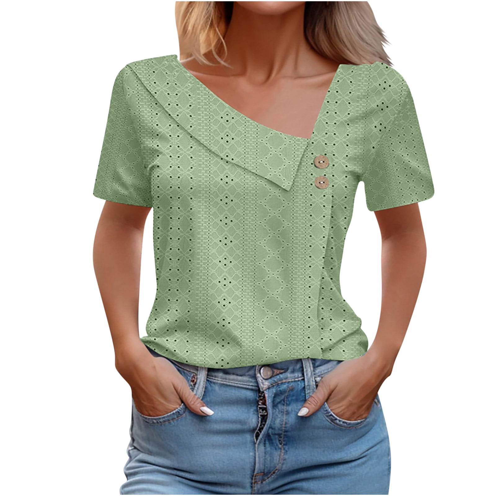 Lgaswyx Tops For Women Trendy Womens Short Sleeve V Neck Shirts Button