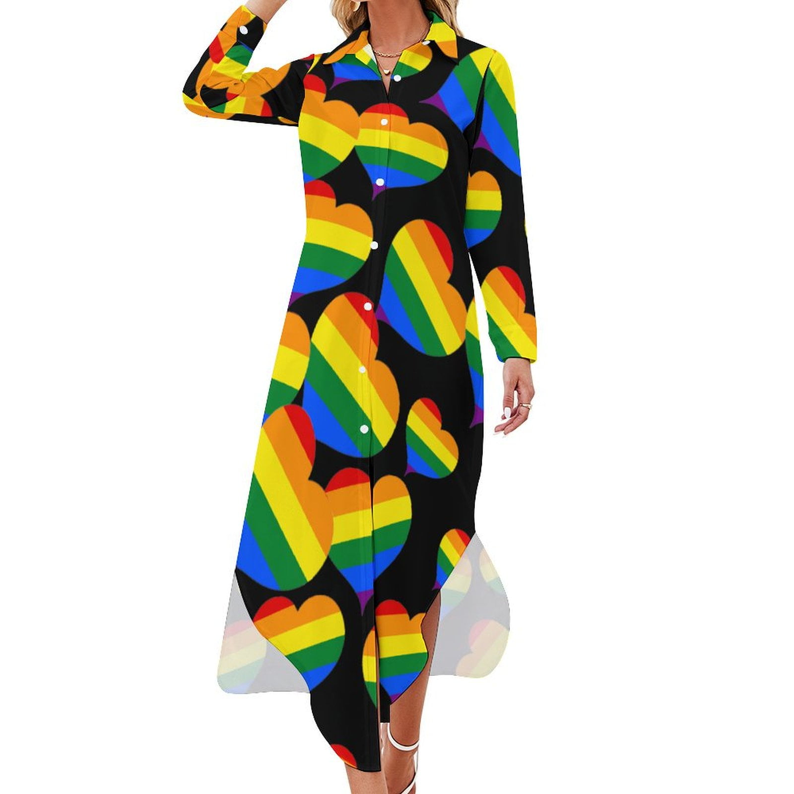 LGBT Proud Rainbow Heart Women's Maxi T Shirt Dress Long Sleeve Lapel ...