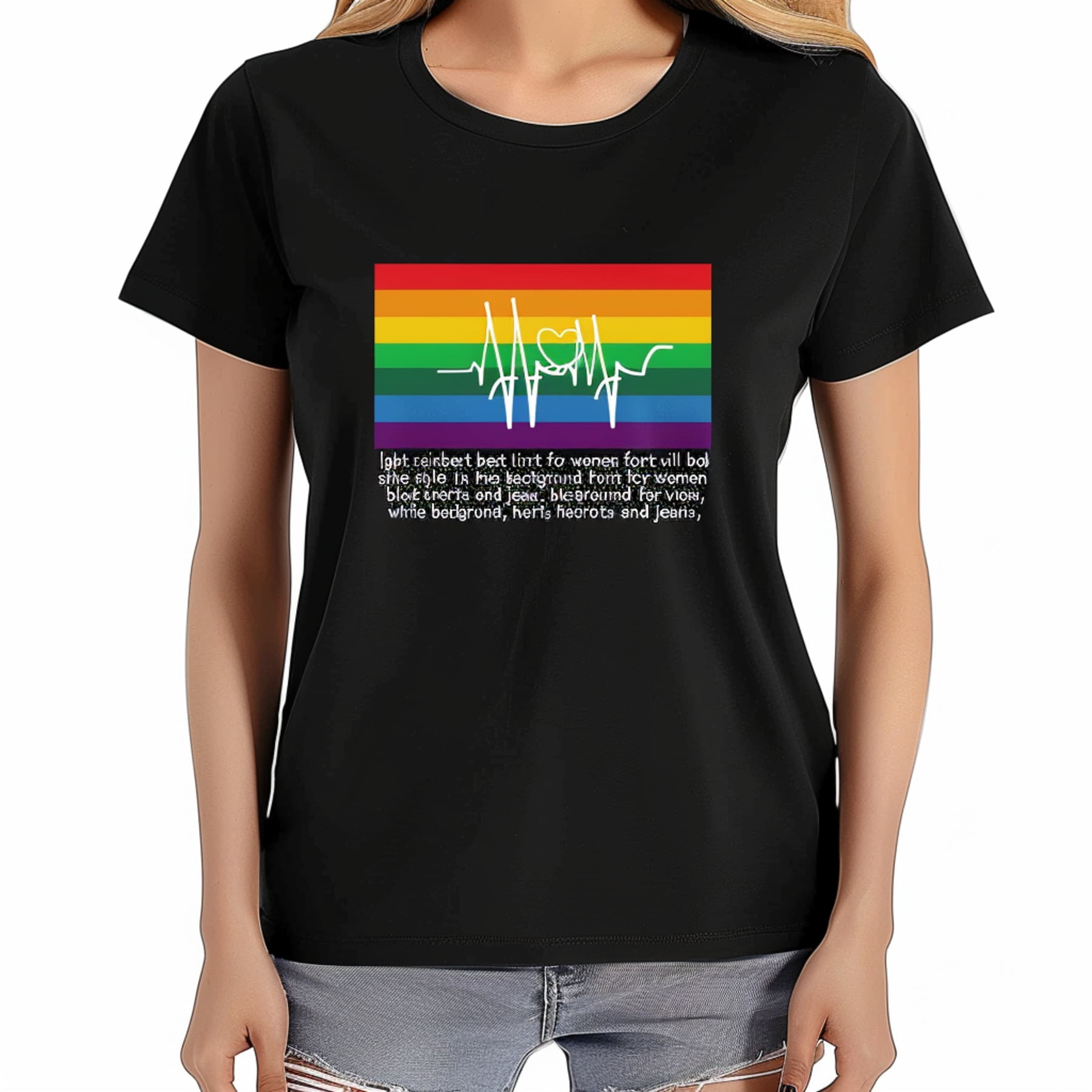 LGBT Rainbow Heartbeat Line Black TShirt for Women Stylish Pride Tee ...