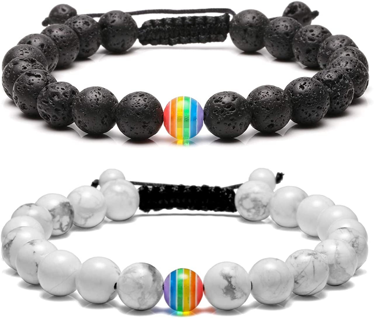 LGBT Relationship Bracelet Rainbow Pride White /Black Lava Rock Beads ...