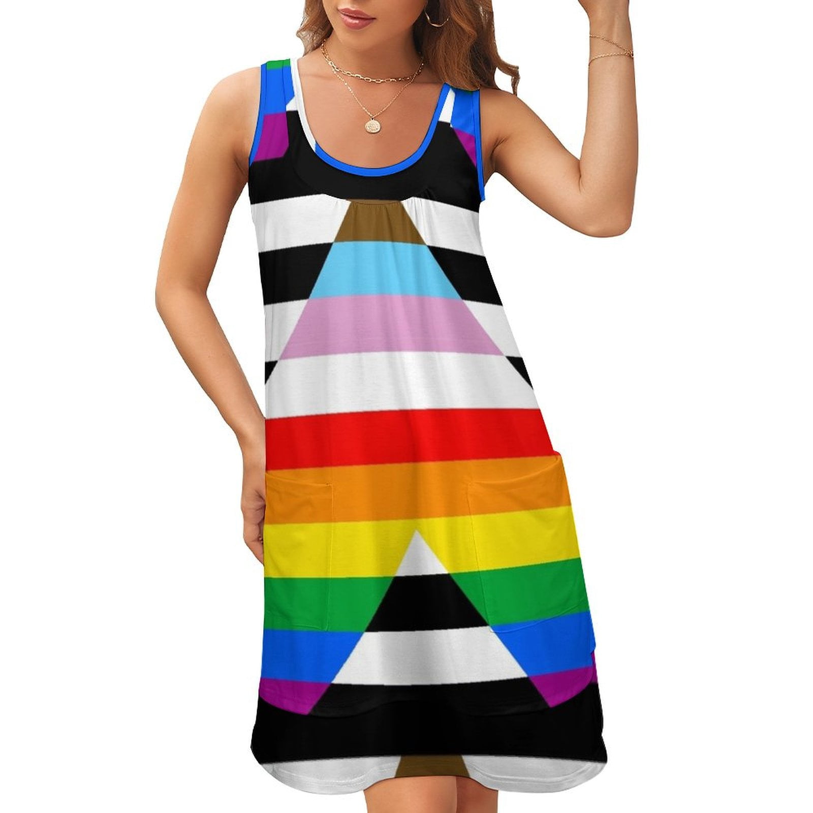 LGBTQ+ Ally Progress Pride Flag Sleeveless U-Neck Fake Two Piece Dress ...
